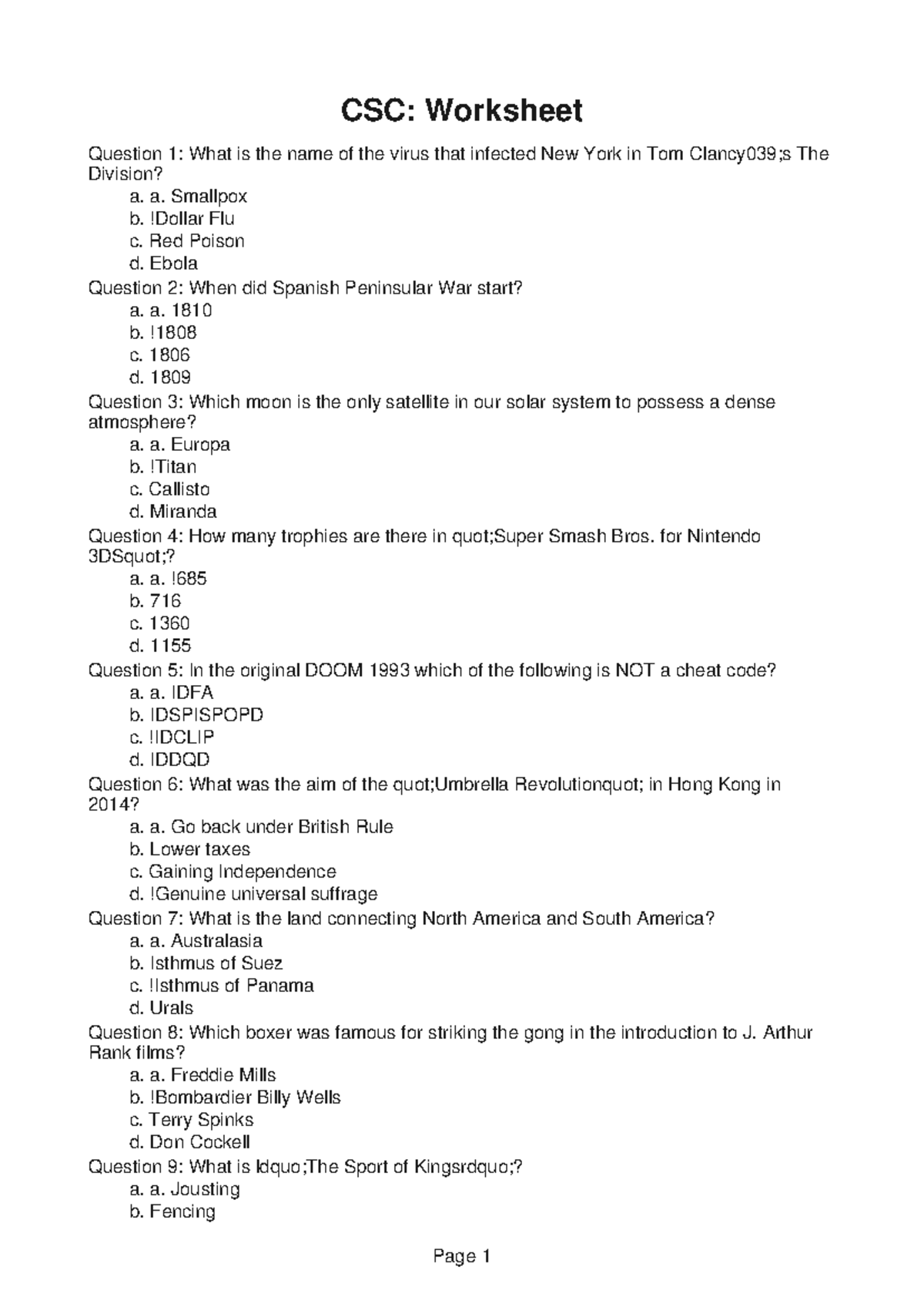 CSC161 Worksheet 7 - asdasdawad - CSC: Worksheet Question 1: What is ...