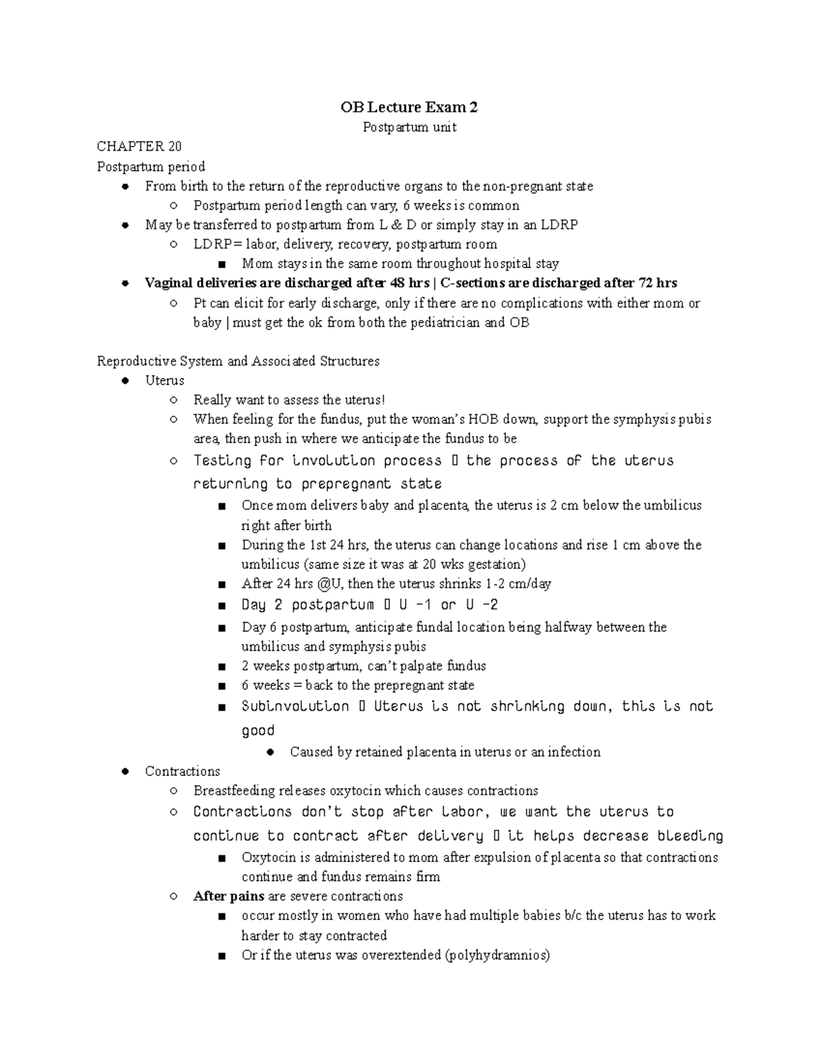 OB Lecture Exam 2 - postpartum period - OB Lecture Exam 2 Postpartum ...