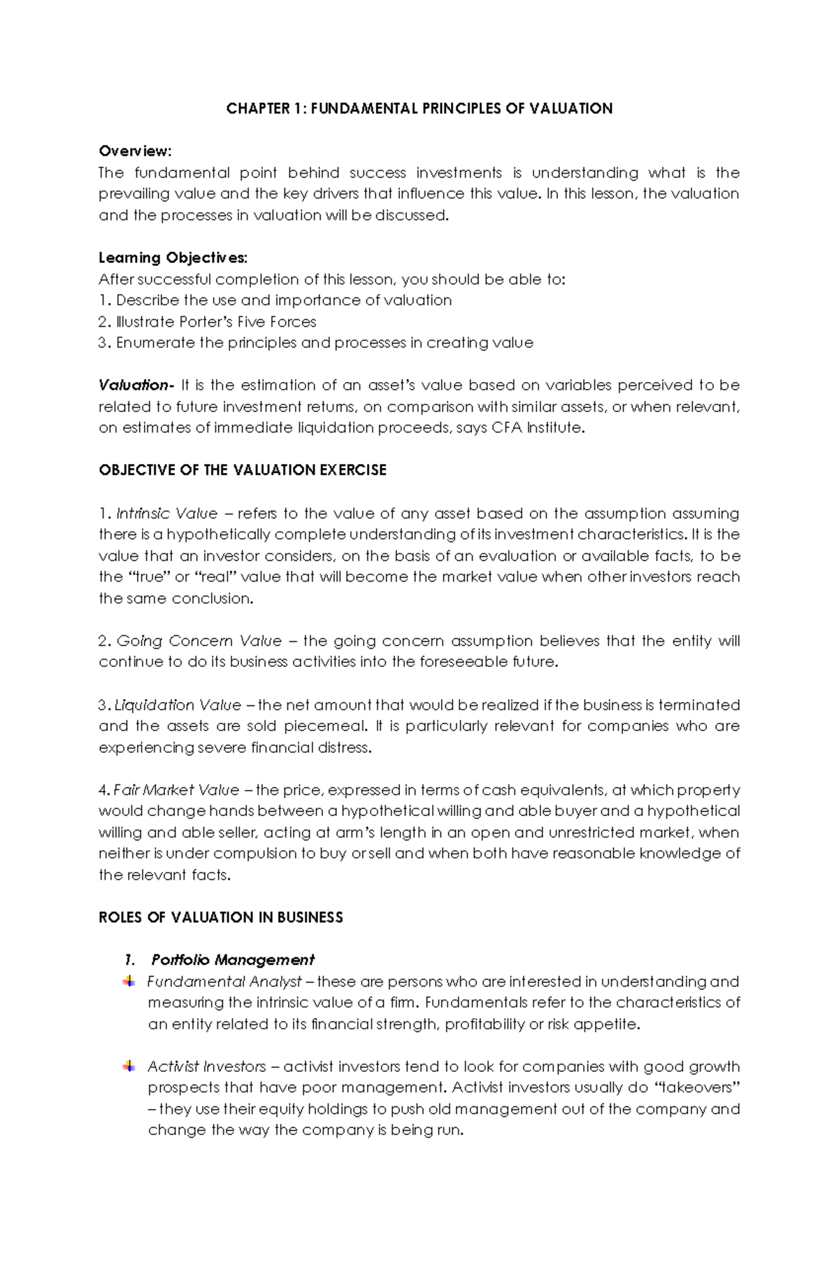 Chapter 1 Fundamental Principles OF Valuation - Accountancy - Studocu
