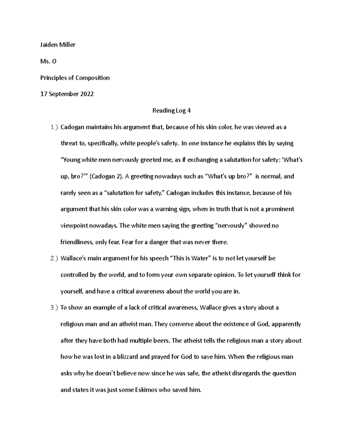 Reading Log 4 - Students had to summarize David Foster Wallace's and ...