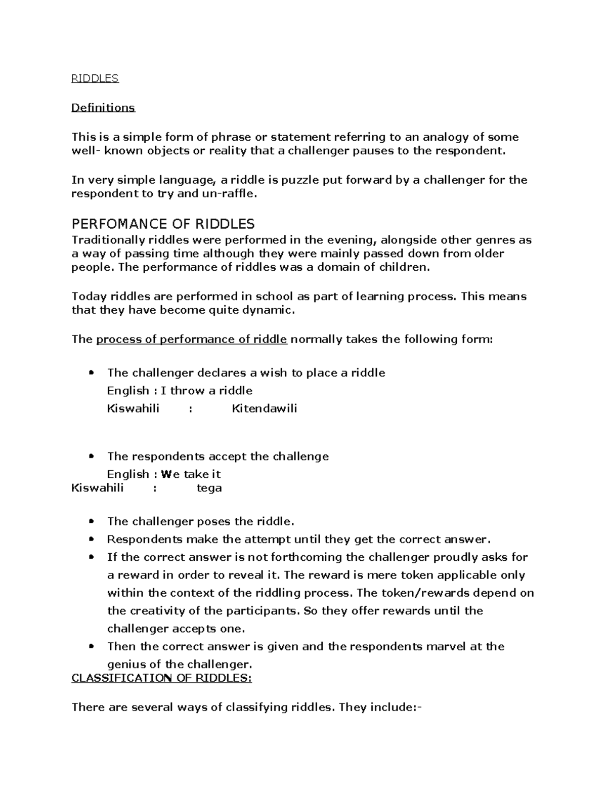 Topic 9 - for revision purposes - RIDDLES Definitions This is a simple ...