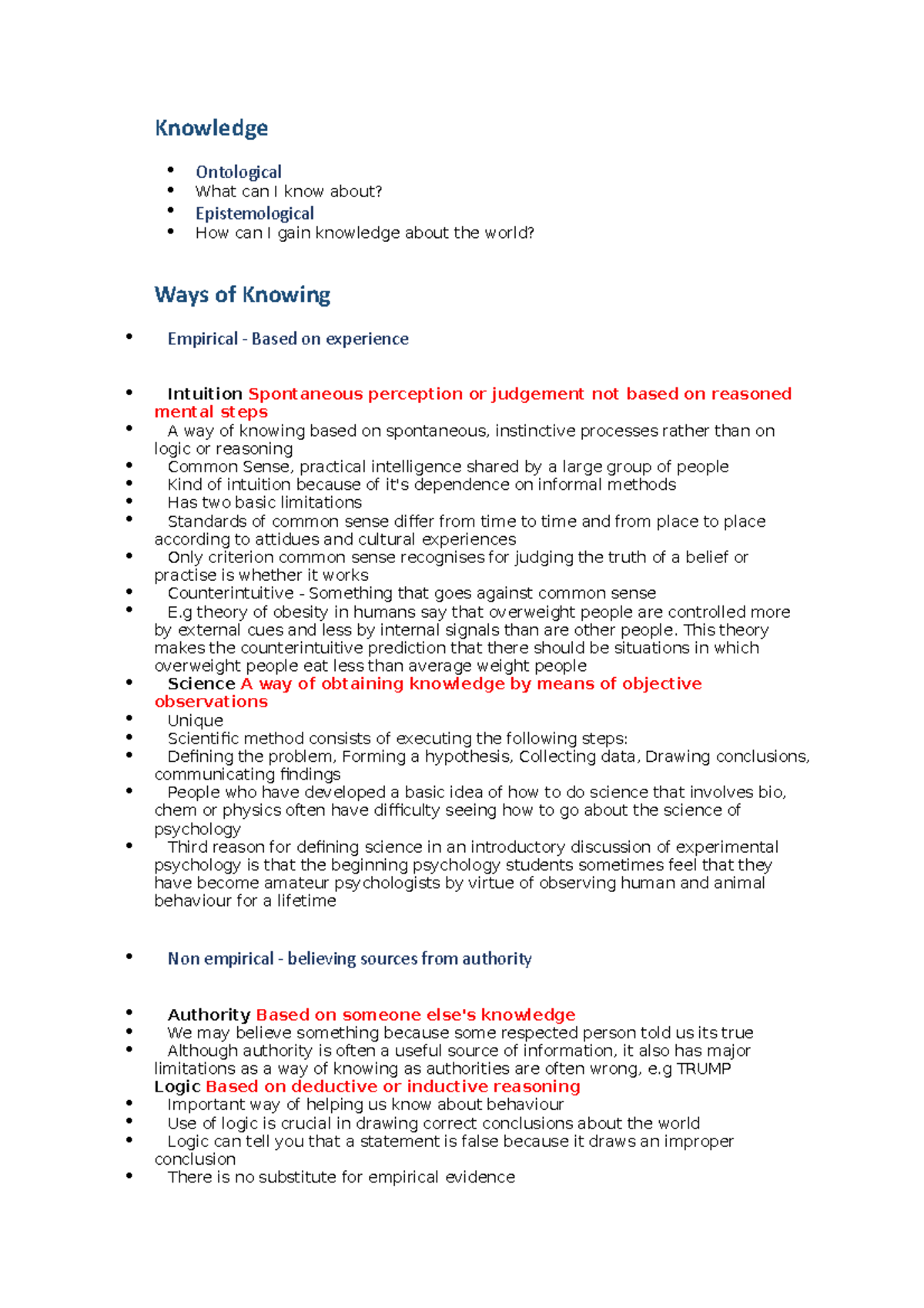 Knowledge Notes Psyc123 - Knowledge Ontological What can I know about ...