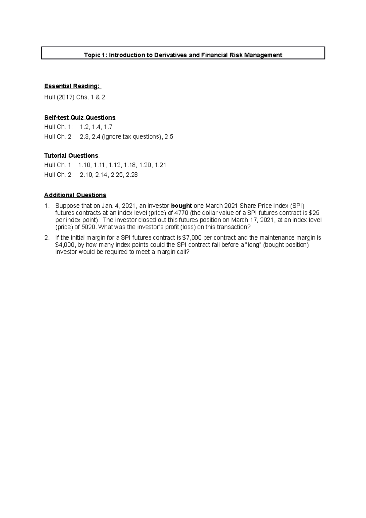 Topic 1 Tutorial Questions - Topic 1: Introduction to Derivatives and ...