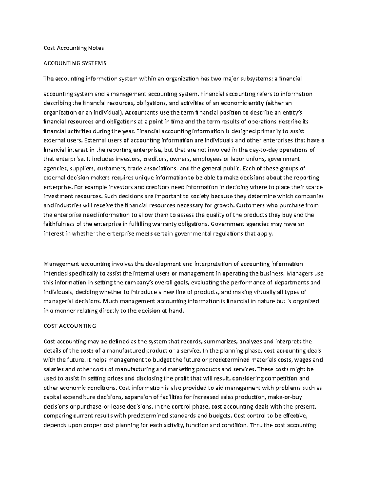 Cost Accounting Notes 10 - Cost Accounting Notes ACCOUNTING SYSTEMS The ...