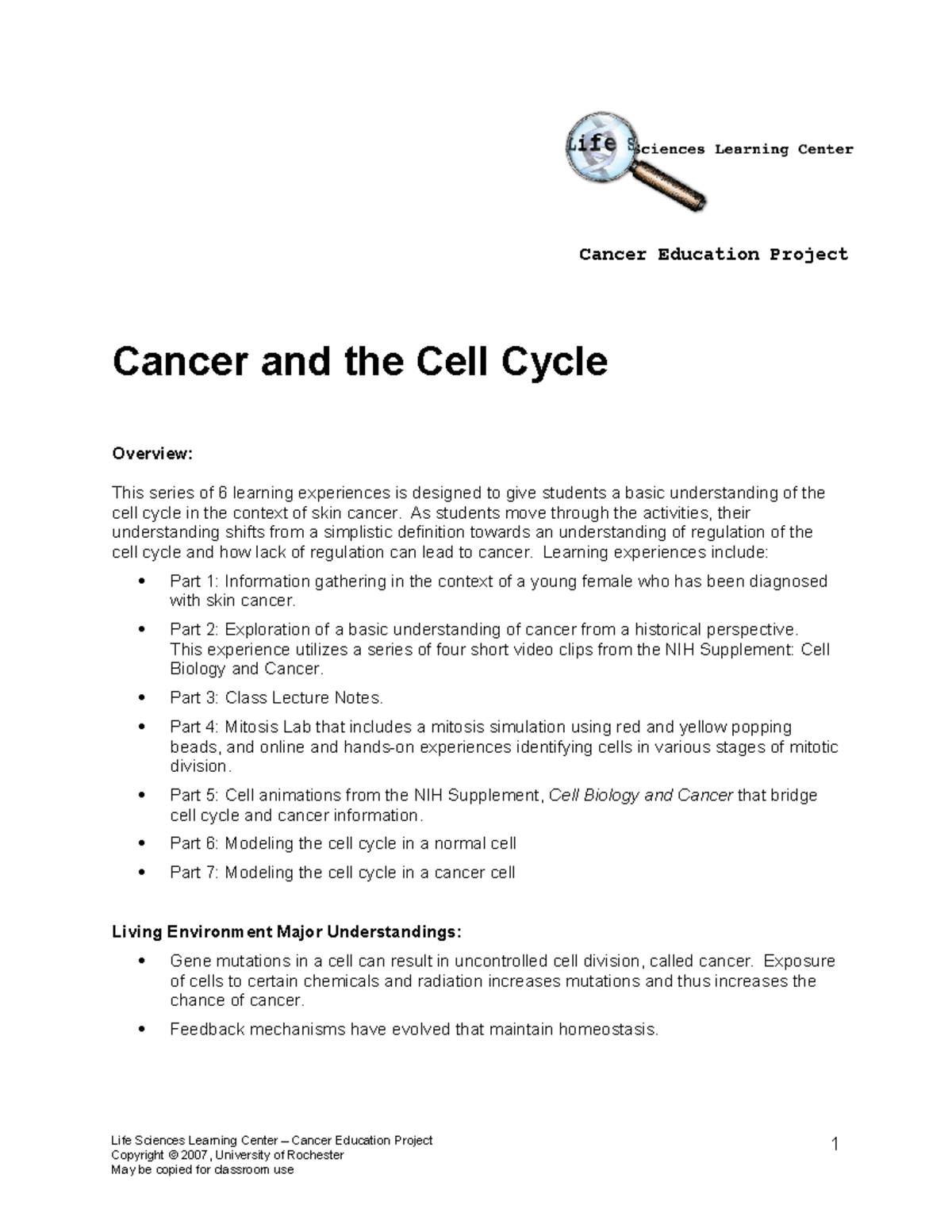 Cancer and the cell cycle - Cancer and the Cell Cycle Overview: This ...