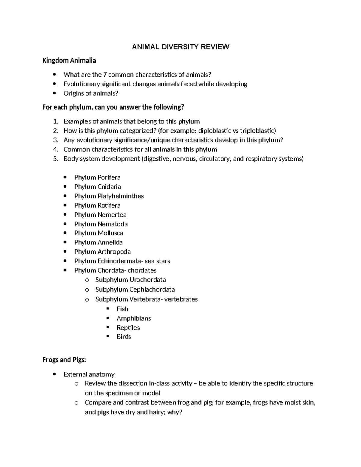 BIOL1121 Review for Final - ANIMAL DIVERSITY REVIEW Kingdom Animalia ...