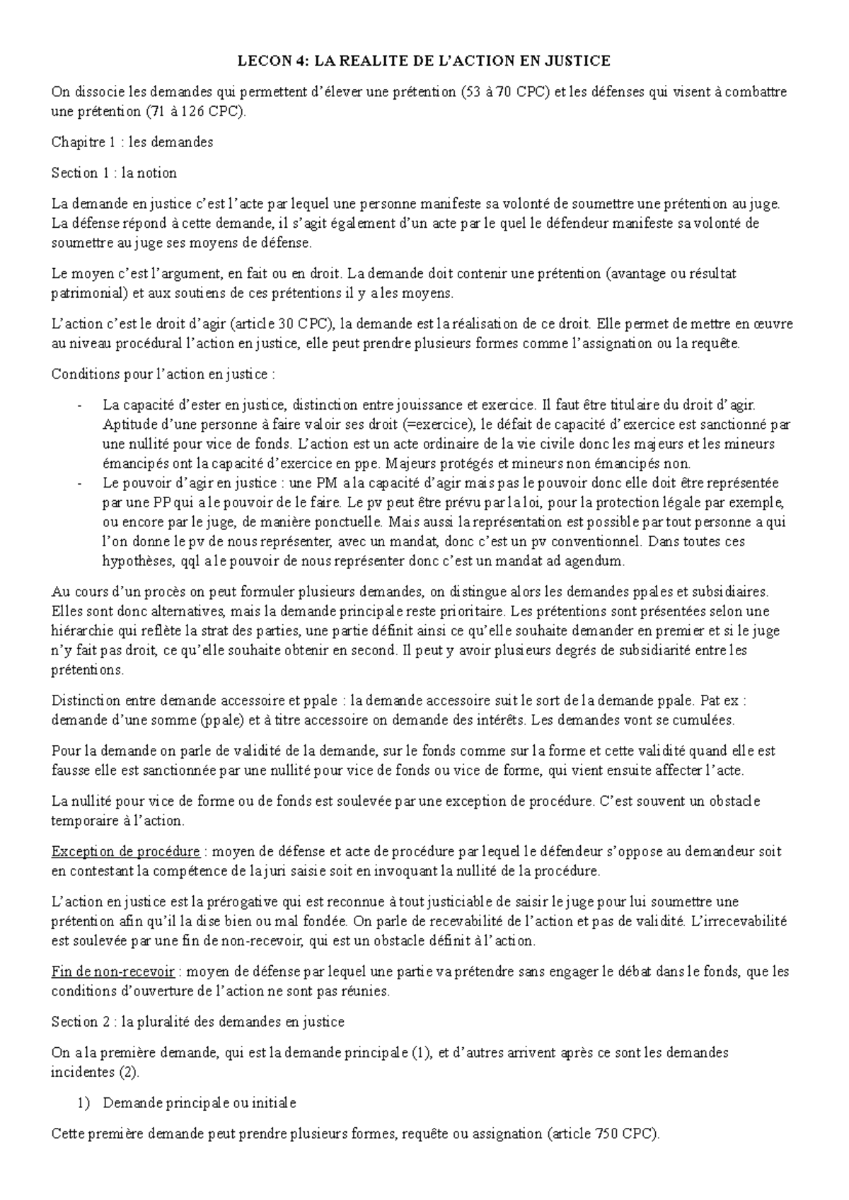 CM de procédure civile - LECON 4: LA REALITE DE L’ACTION EN JUSTICE On ...