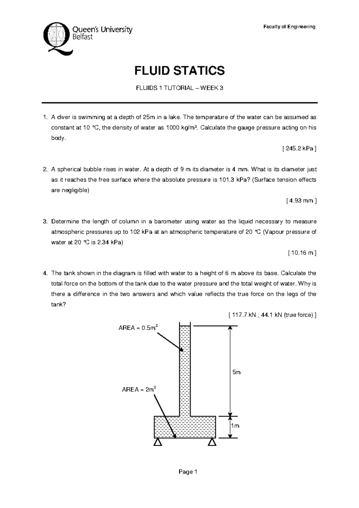 Tutorial Questions - Week 3 - Fluid Statics - Page 1 FLUID STATICS ...