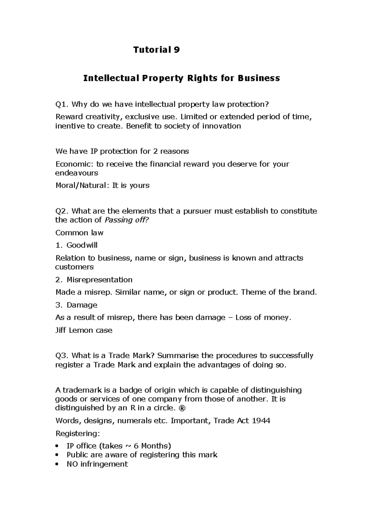 Tutorial 9 - Intellectual Property - Tutorial 9 Intellectual Property Rights for Business Q1 ...