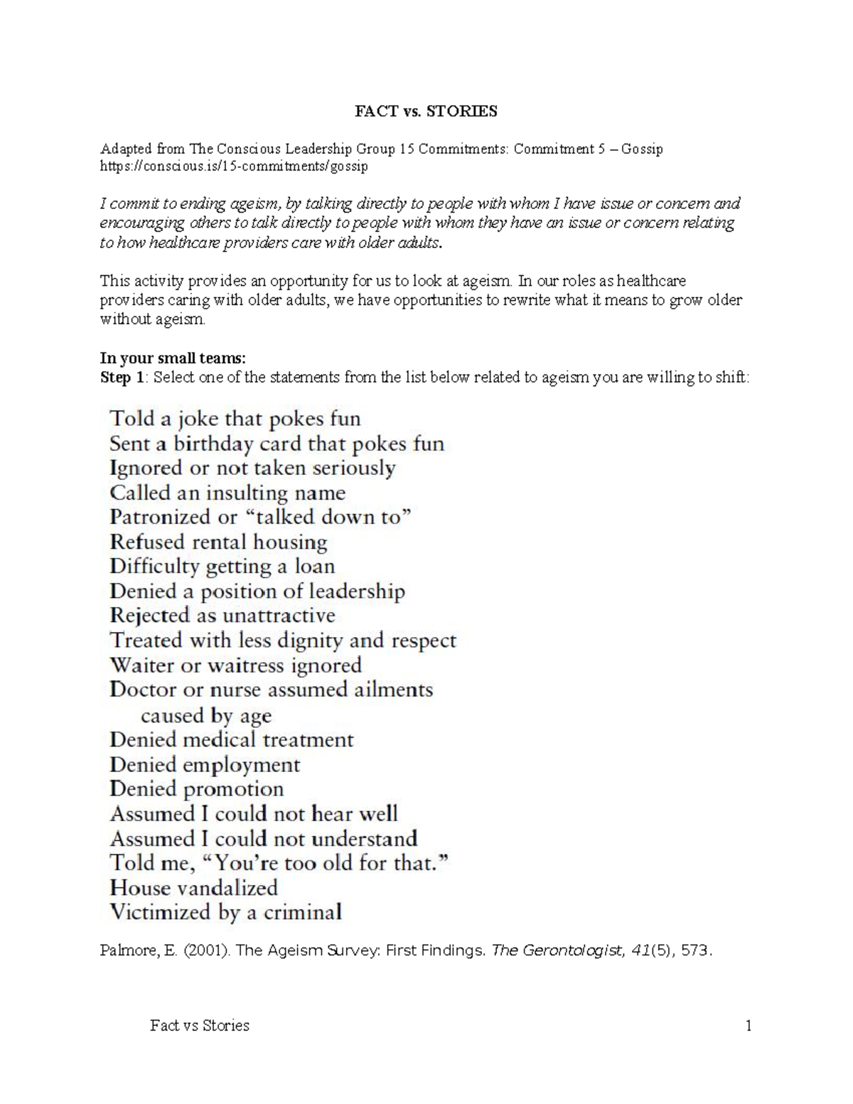 Fact vs Stories Activity - FACT vs. STORIES Adapted from The Conscious ...