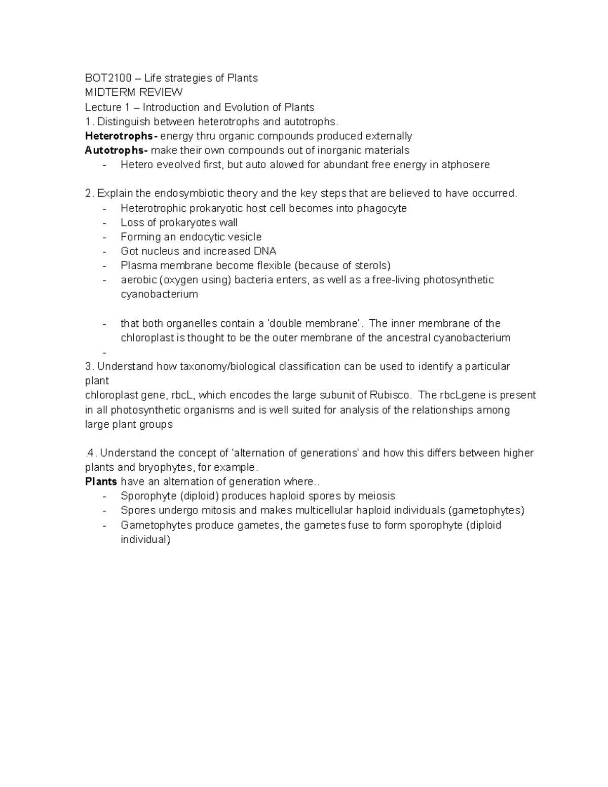 Botany Midterm Review - BOT2100 – Life strategies of Plants MIDTERM ...