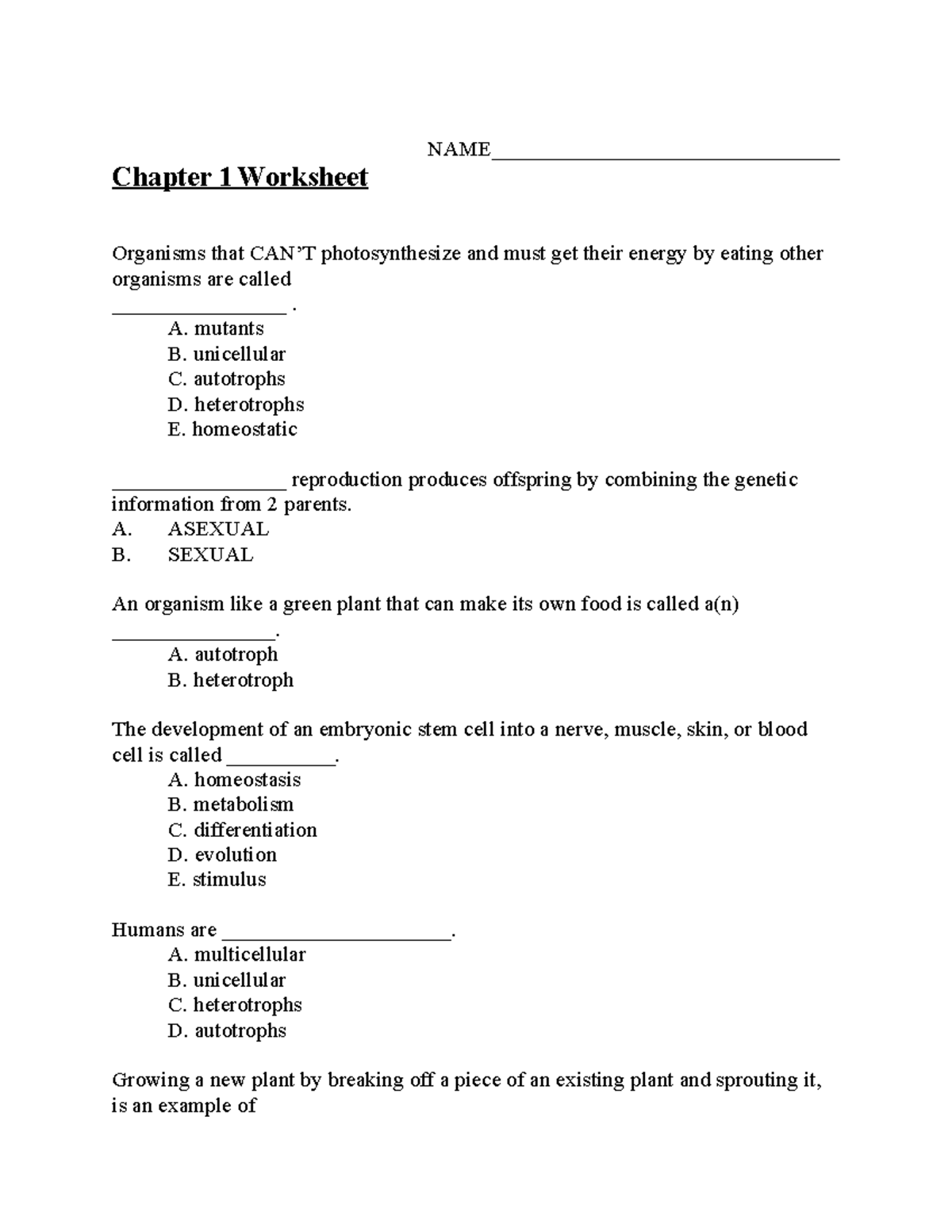 Biology 1020 chap 1 worksheet - NAME ...