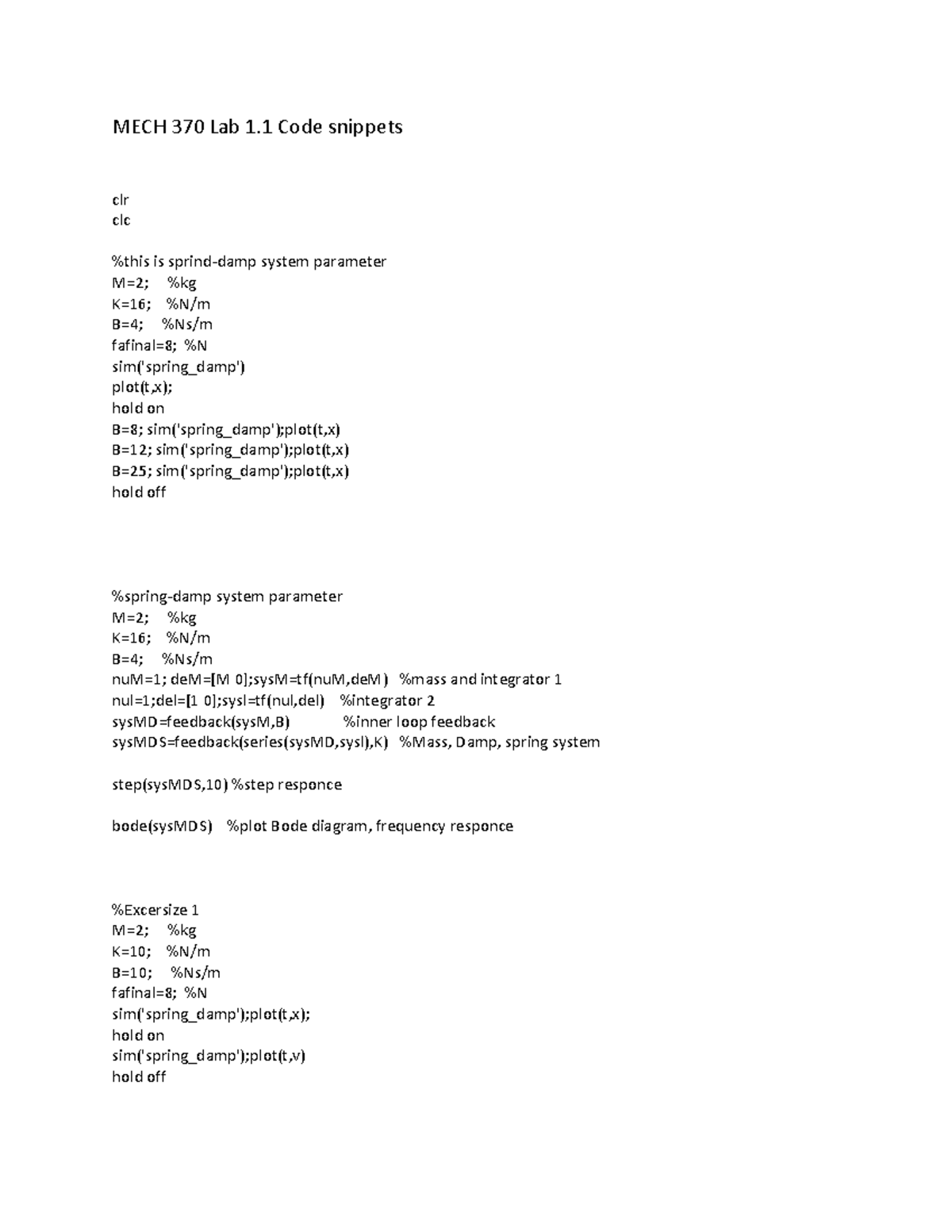 MECH 370 Lab 1.1 Code snippets - MECH 37 0 Lab 1 Code snippets clr clc ...