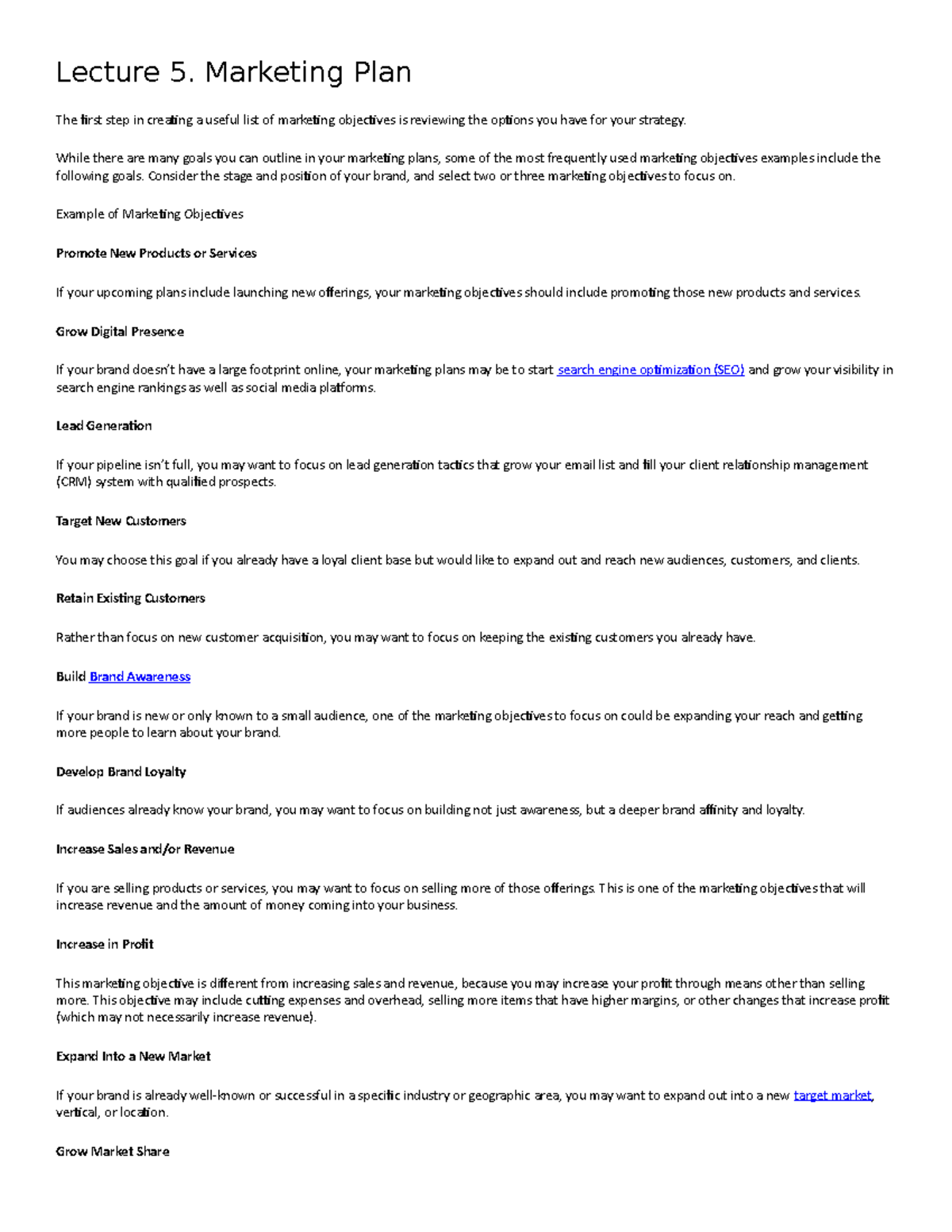 Lecture 5. Marketing Plan - Lecture 5. Marketing Plan The first step in ...