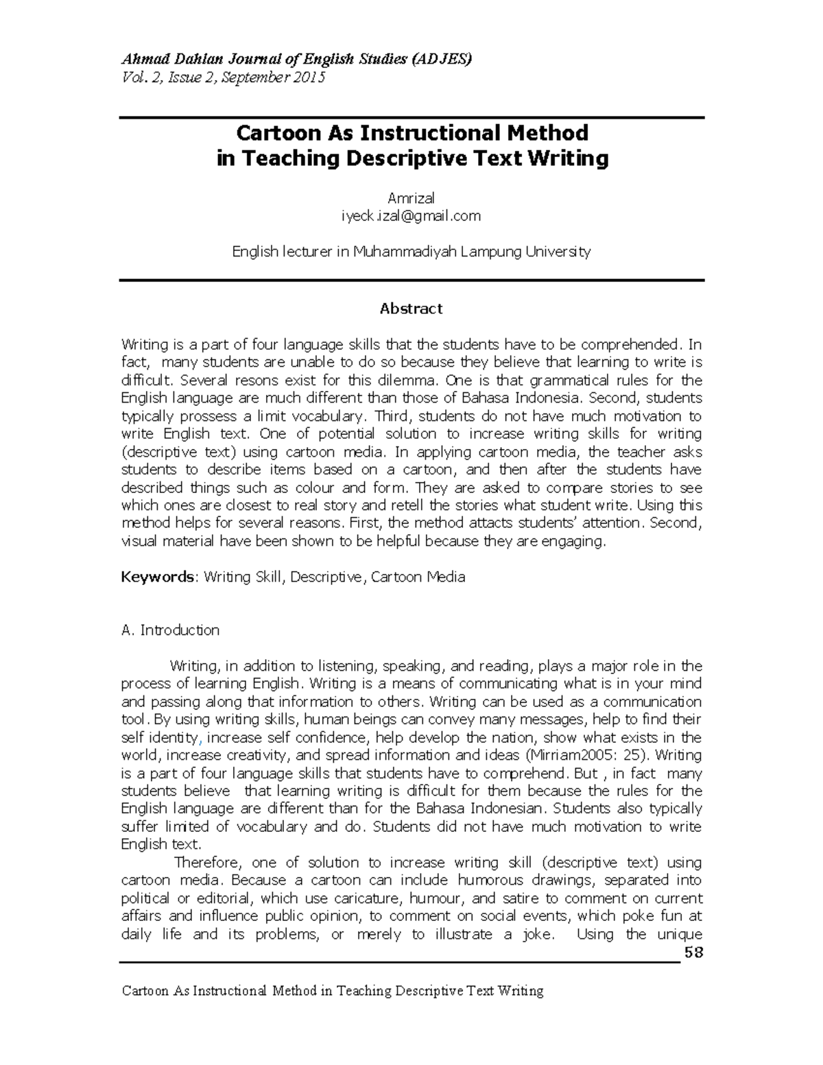 Cartoon As Instructional Method in Teaching Descriptive Text Writing ...