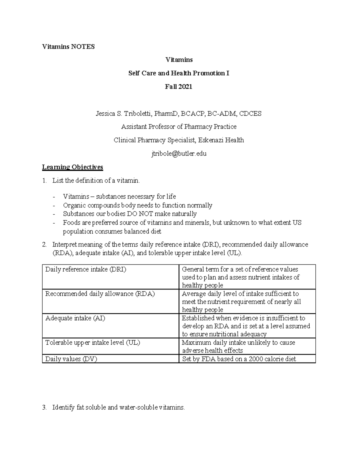 Self care vitamins - Study notes and practice - Vitamins NOTES Vitamins ...