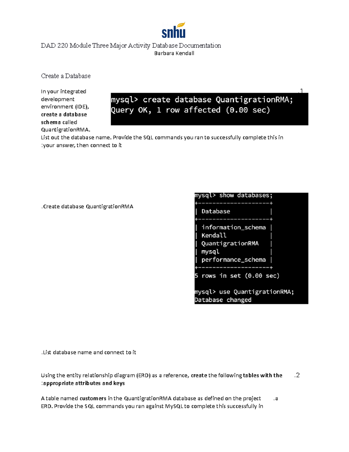 Major Activity Database - Kendall - DAD 220 Module Three Major Activity Database Documentation ...