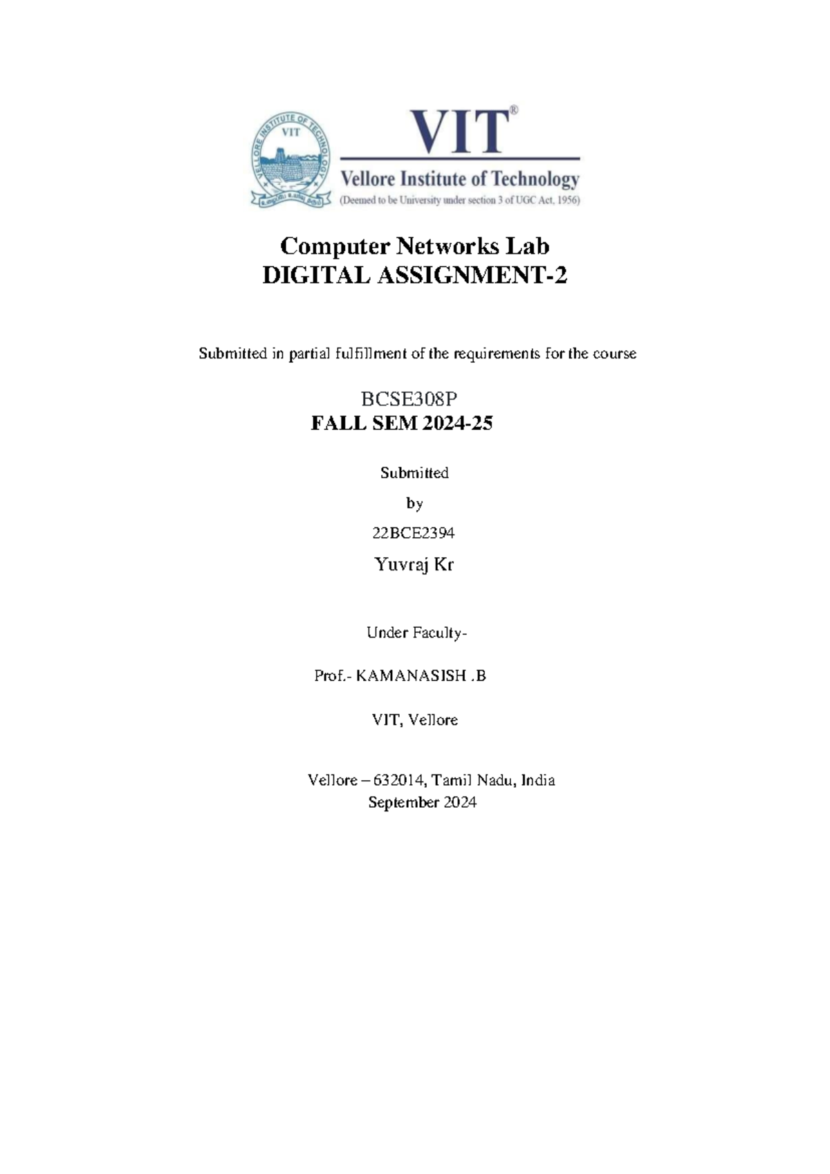 Cnda22 - 2qw - Computer Networks Lab DIGITAL ASSIGNMENT- 2 Submitted in ...