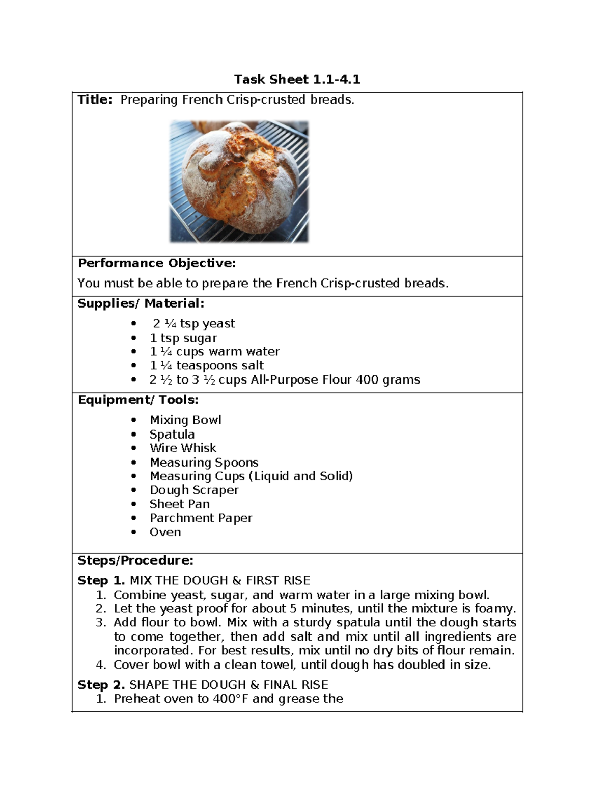 Task Sheet 1 - Title: Preparing French Crisp-crusted breads ...
