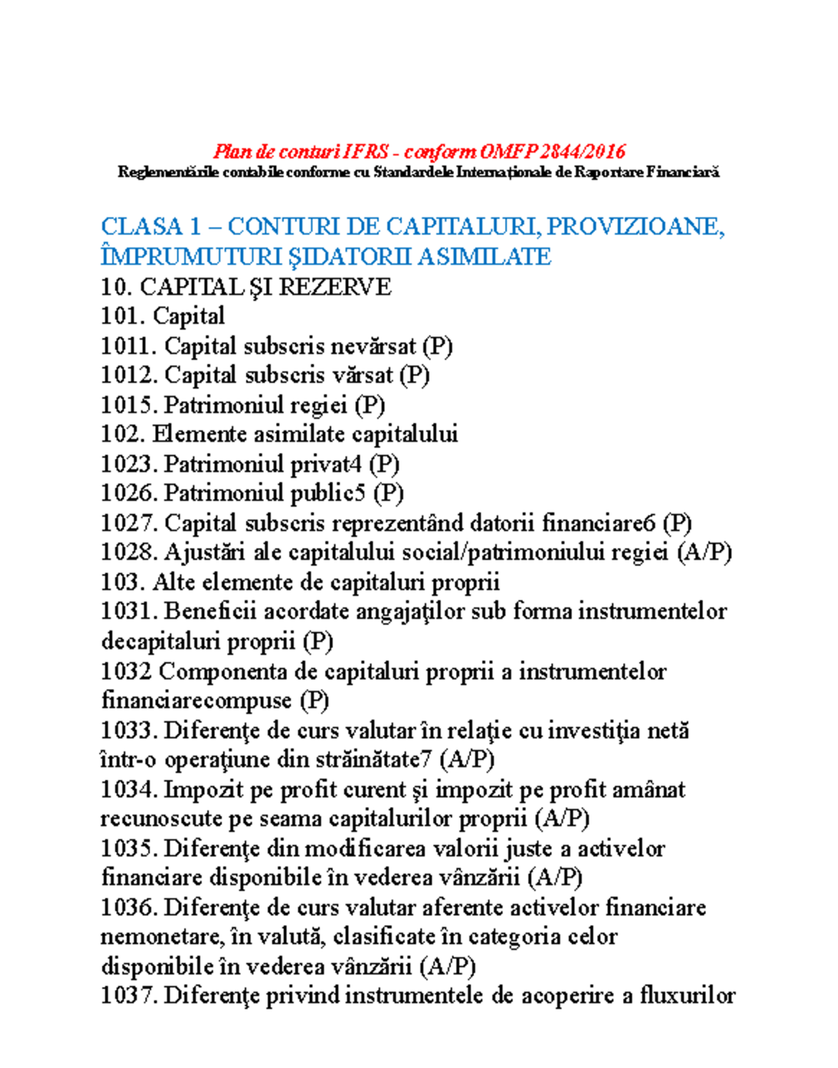 Plan de conturi IFRS 2019 OMFP 2844 - Plan de conturi IFRS - conform OMFP 2844/ Reglementările ...