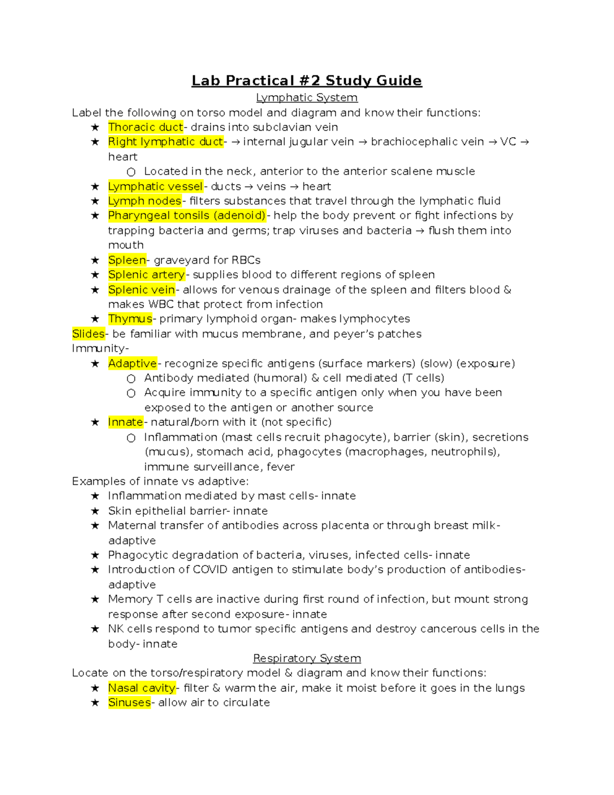 Lab Practical #2 Study Guide - Lab Practical #2 Study Guide Lymphatic System Label the following ...