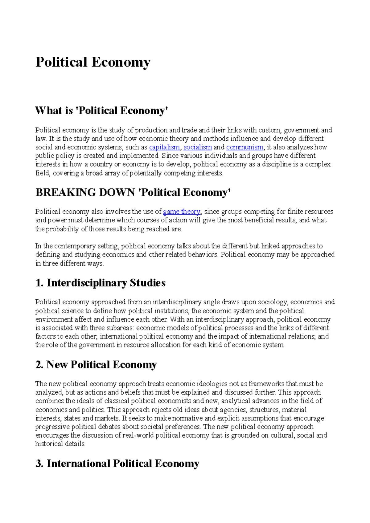 Political Economy Political Economy What Is Political Economy