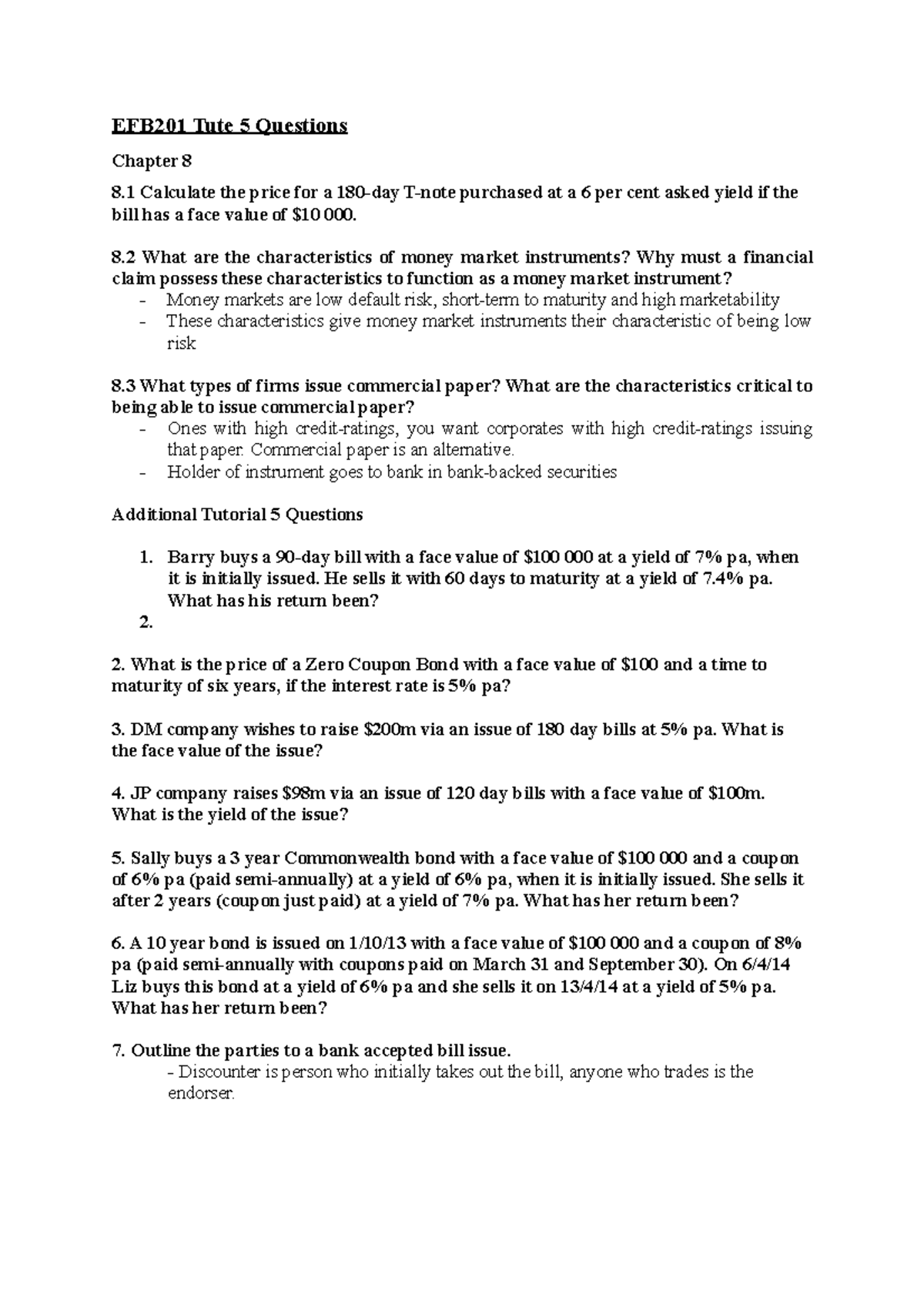 Tute 5 - tutorial 5 notes - EFB201 Tute 5 Questions Chapter 8 8 ...