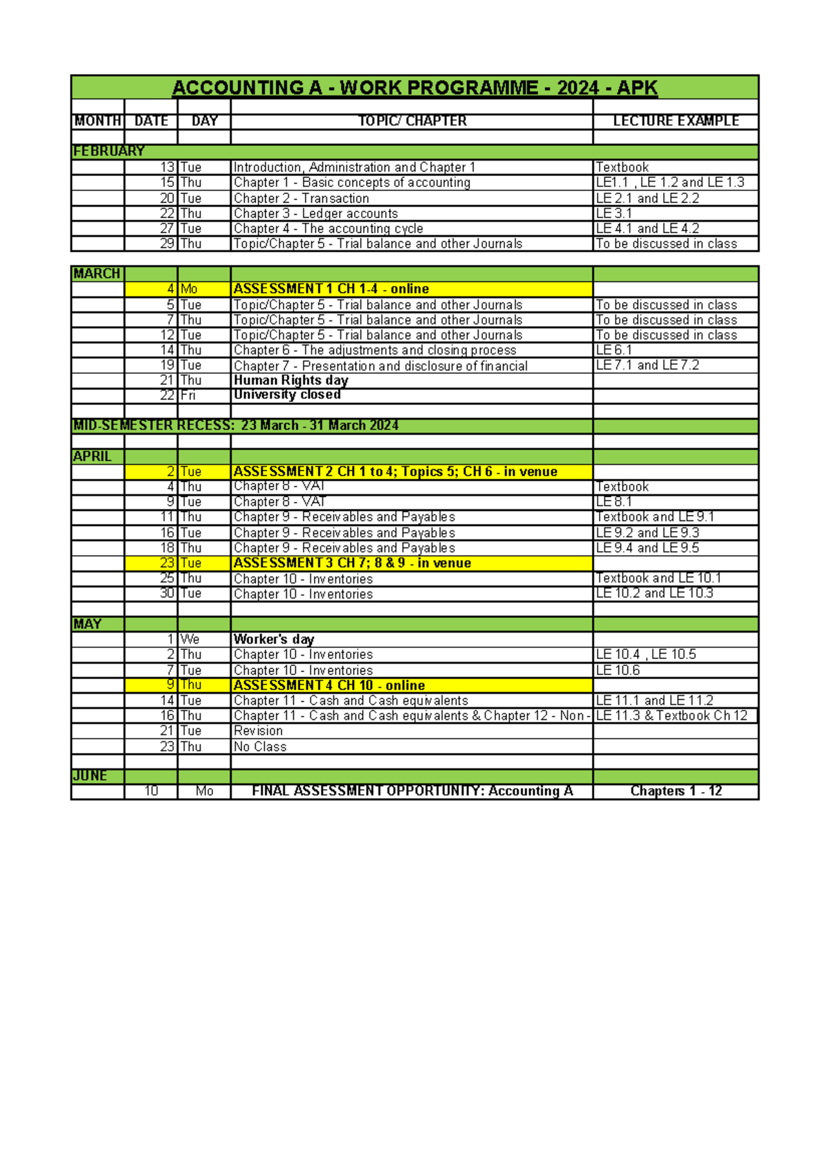 Accounting A 2024 - Work Programme - MONTH DATE DAY TOPIC/ CHAPTER ...