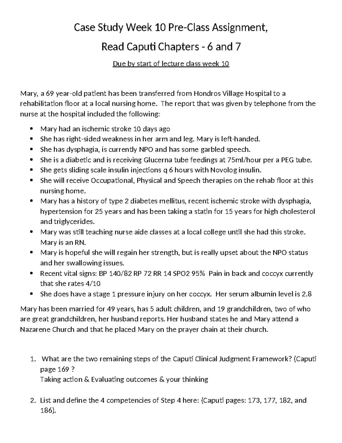 NUR 155 Week 10 Pre-Class Assignment complete - Case Study Week 10 Pre-Class Assignment, Read ...