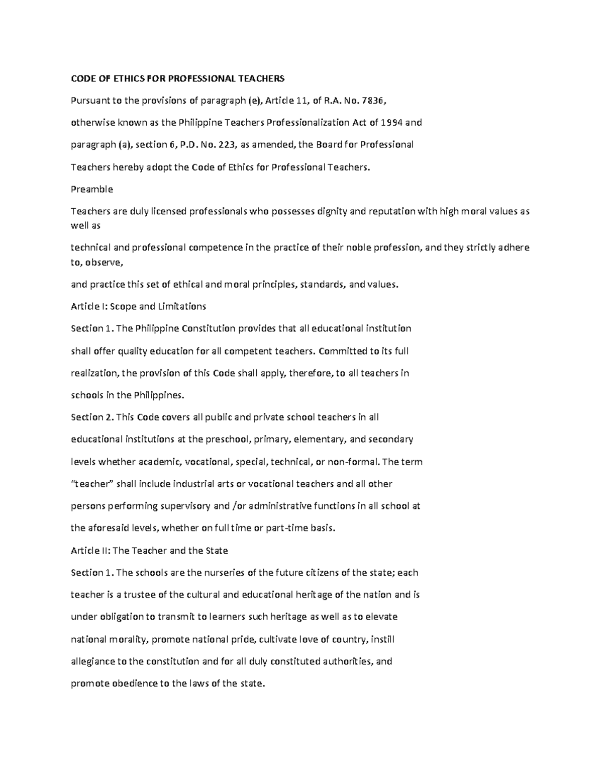 Revised CODE - Reference for code of ethics for professional teachers ...