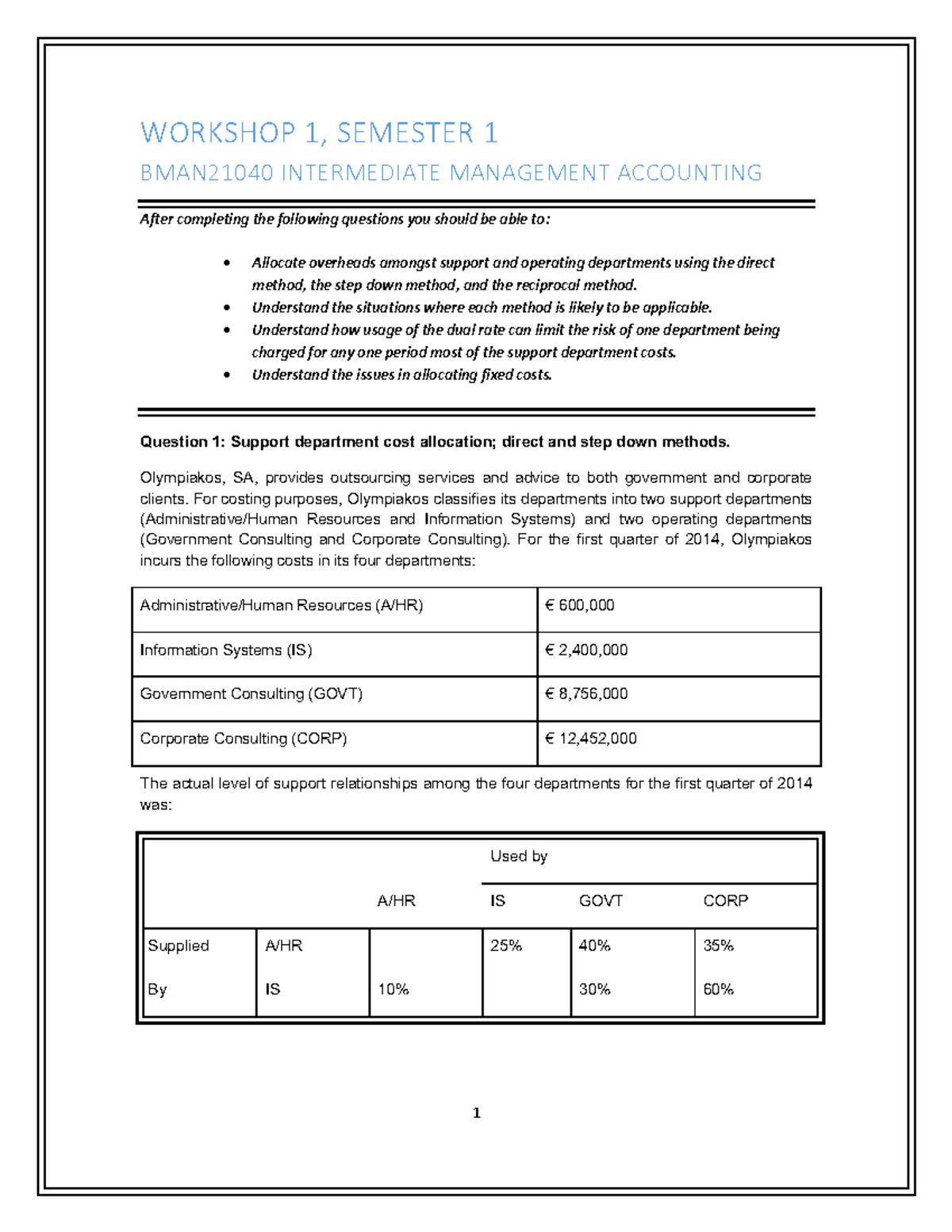 BMAN21040 A Workshop 1 - Overhead allocation Questions - WORKSHOP 1 ...