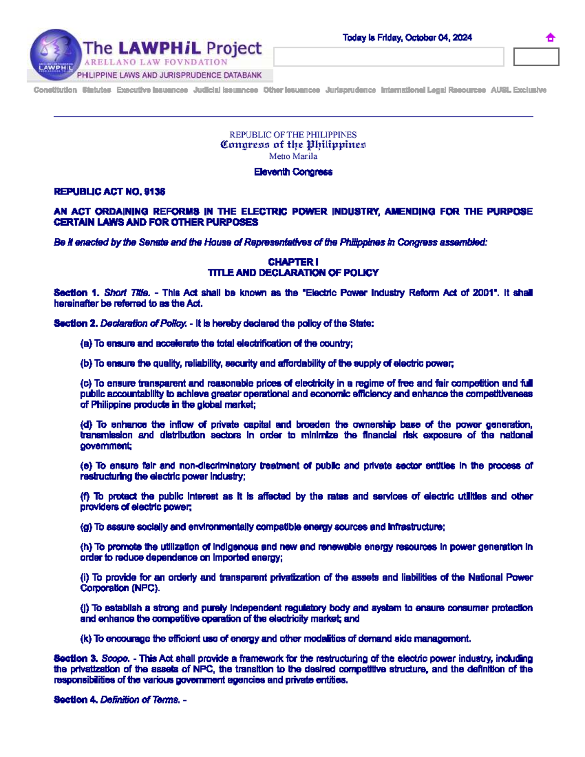 Epira LAw - Today is Friday, October 04, 2024 The LAWPHiL Project ...