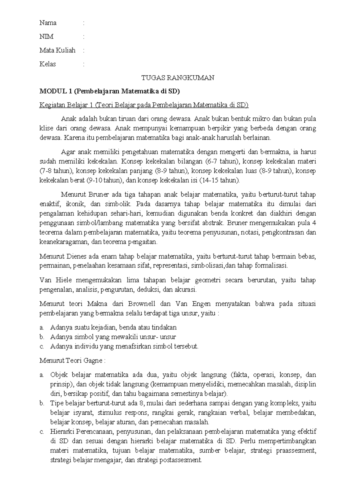 Pendidikan Matematika Tugas Rangkuman - Nama : NIM : Mata Kuliah ...