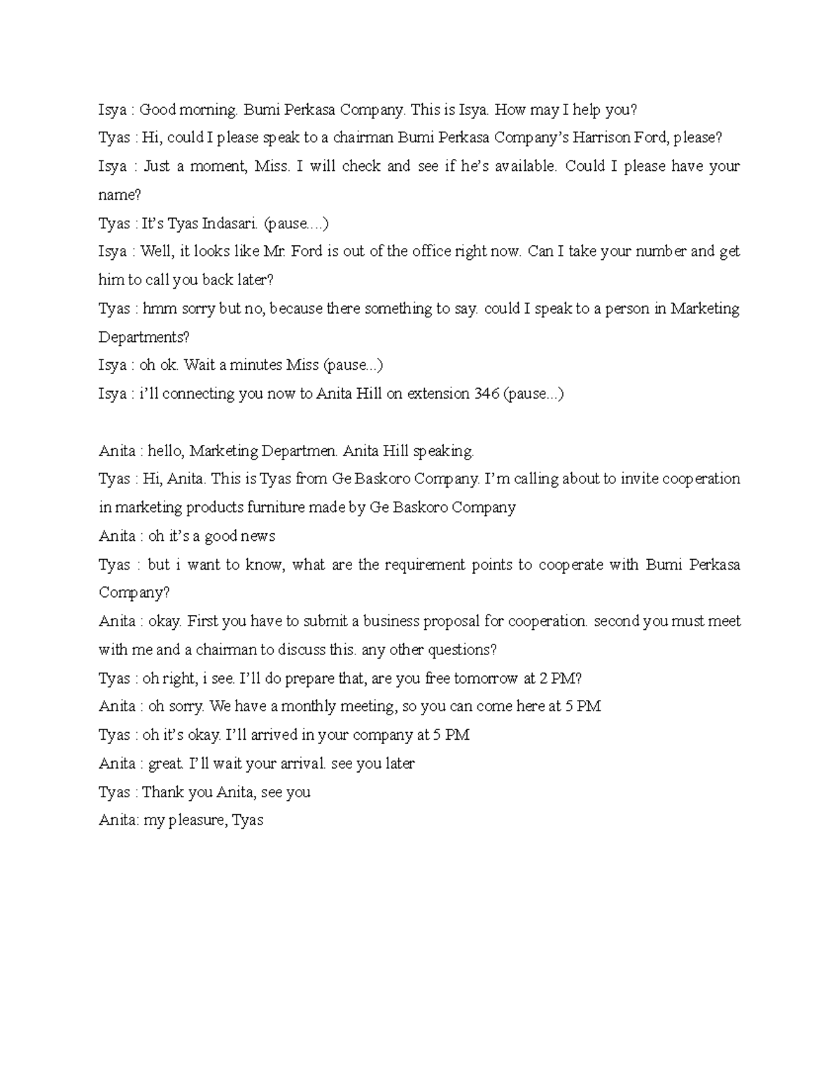 Telephone english conversation - Isya : Good morning. Bumi Perkasa ...