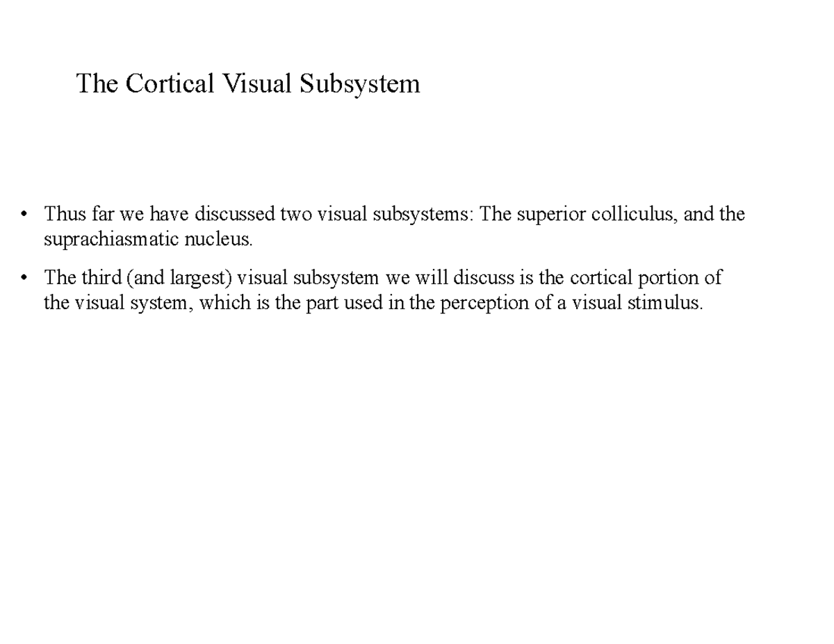 Cumulative Week 5 Slides - The Cortical Visual Subsystem • Thus far we ...