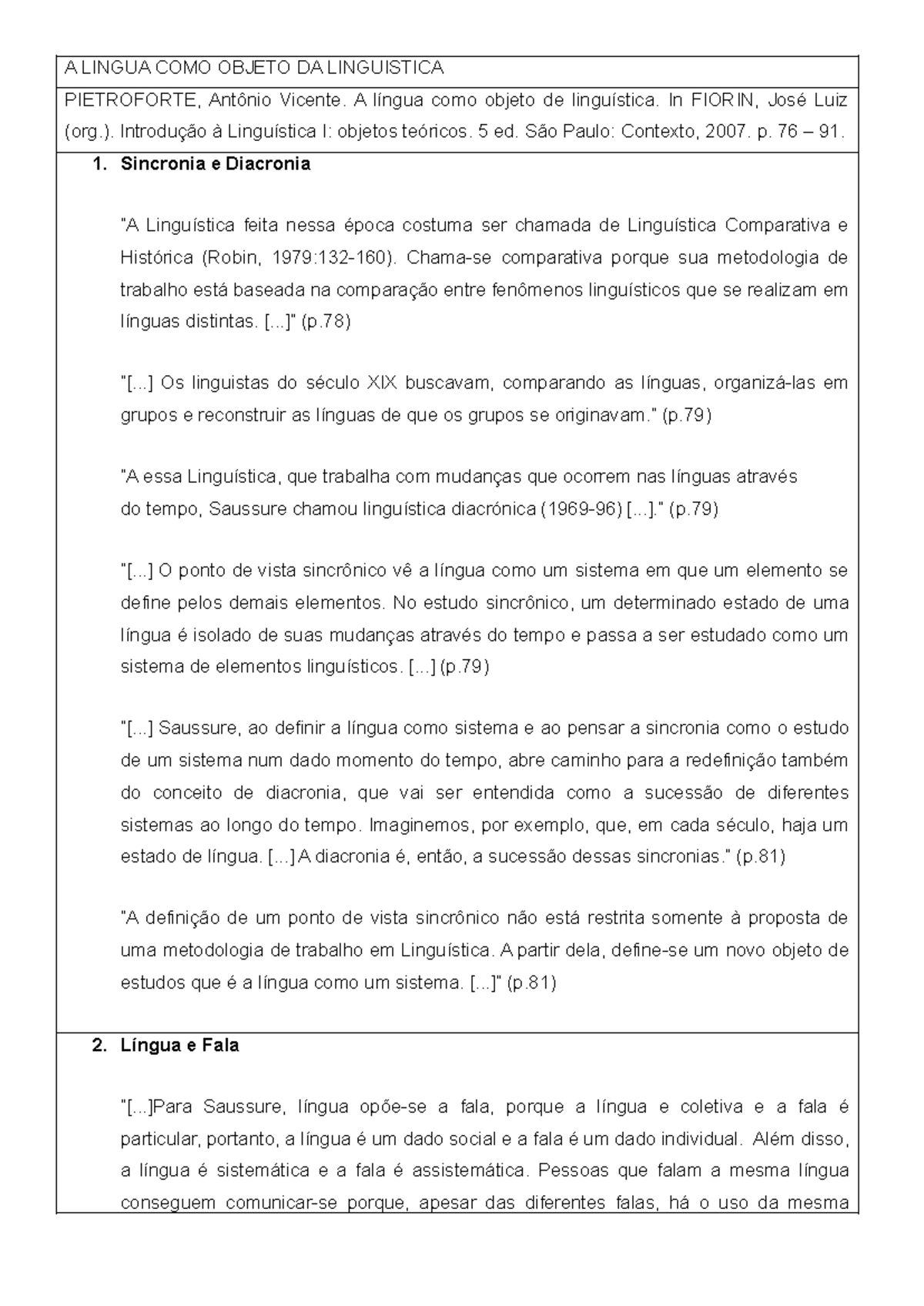 Fichamento 2 - kjkkk - A LINGUA COMO OBJETO DA LINGUISTICA PIETROFORTE ...