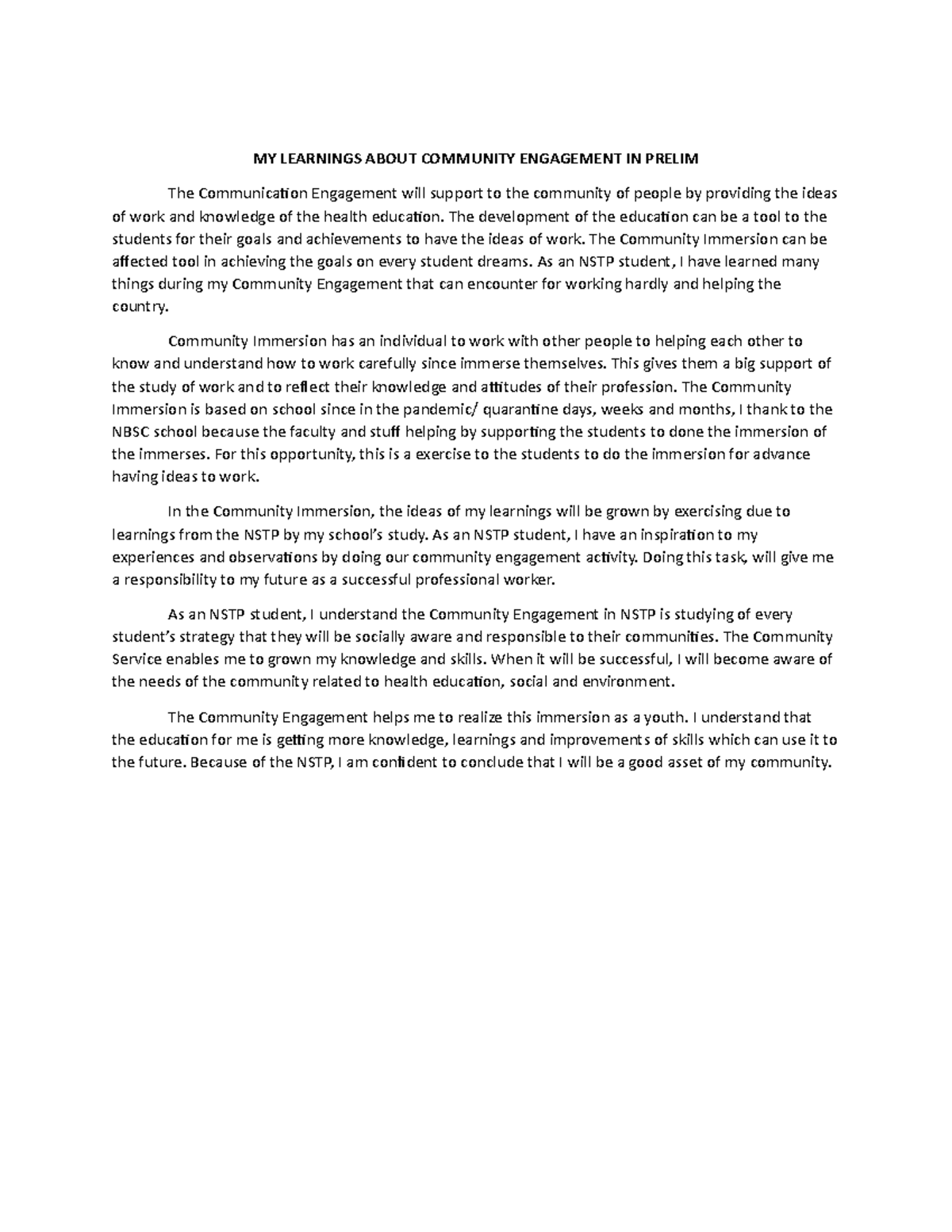 Community Engagement Essay MY LEARNINGS ABOUT COMMUNITY ENGAGEMENT IN 