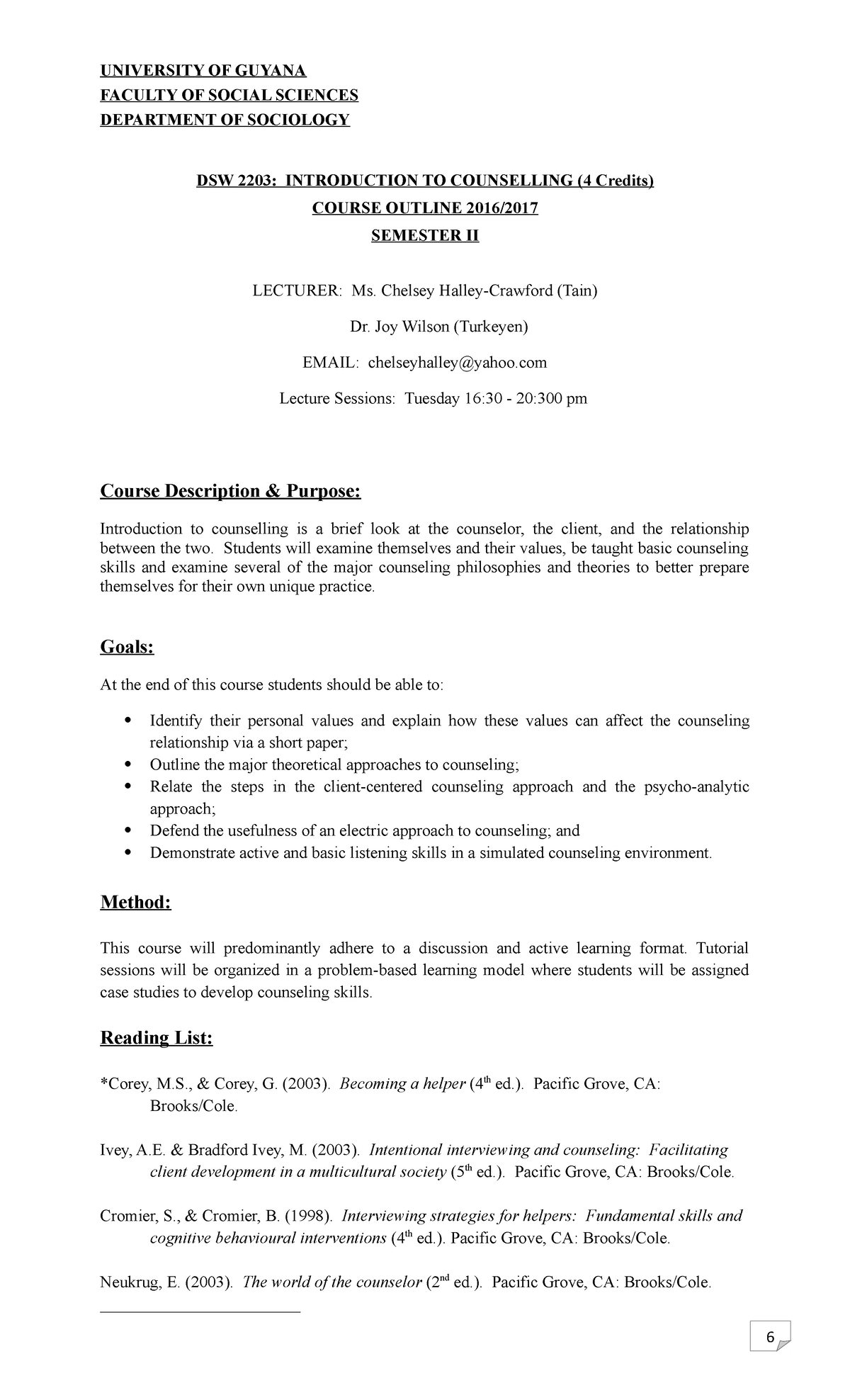 DSW 2203 2020-2021 - Course outline - UNIVERSITY OF GUYANA FACULTY OF ...