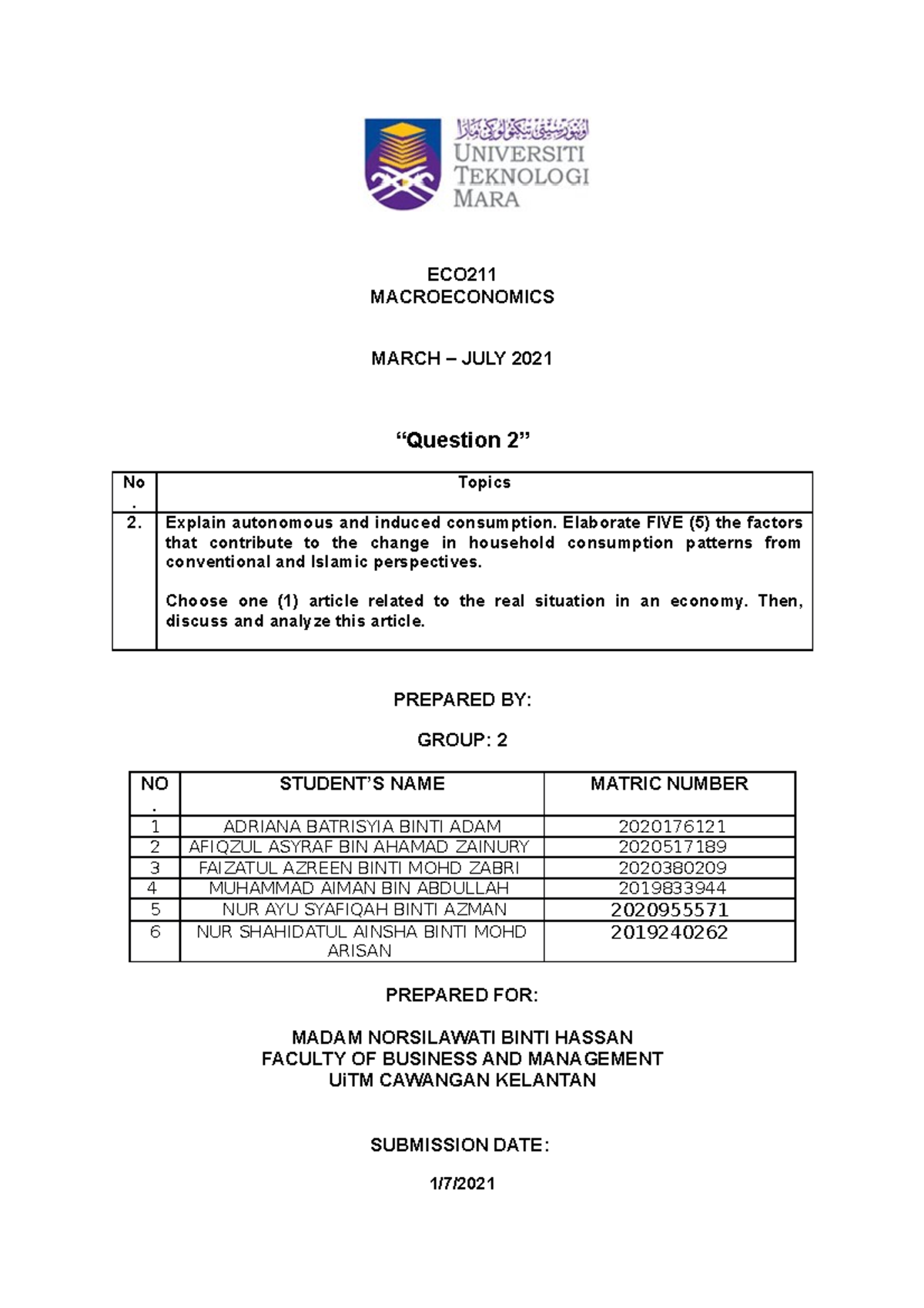 WR Group 2 BA111 3A - macroeconomics - Business studies - UiTM - Studocu