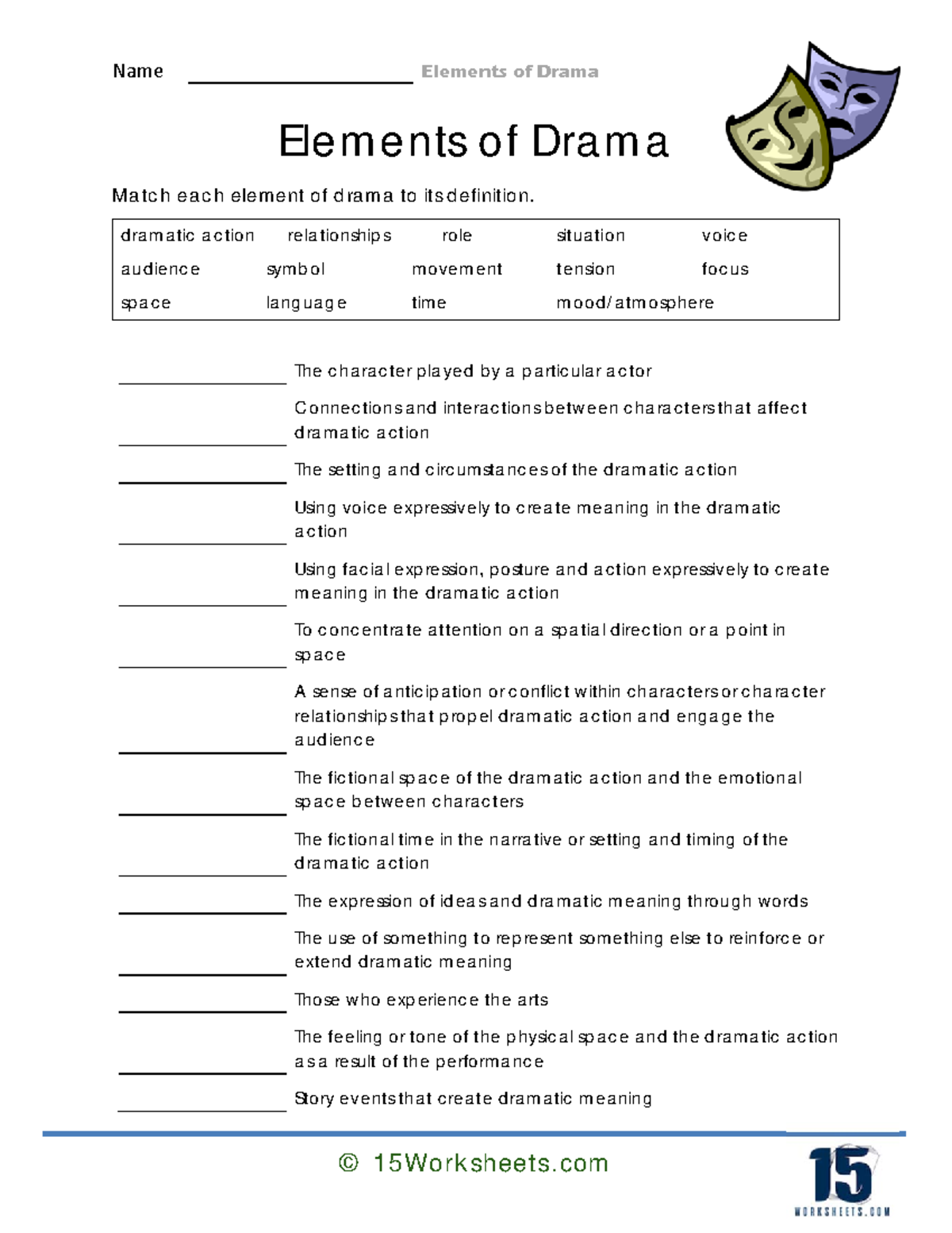 Drama worksheet - Name Elements of Drama © 15Worksheets Elements of ...