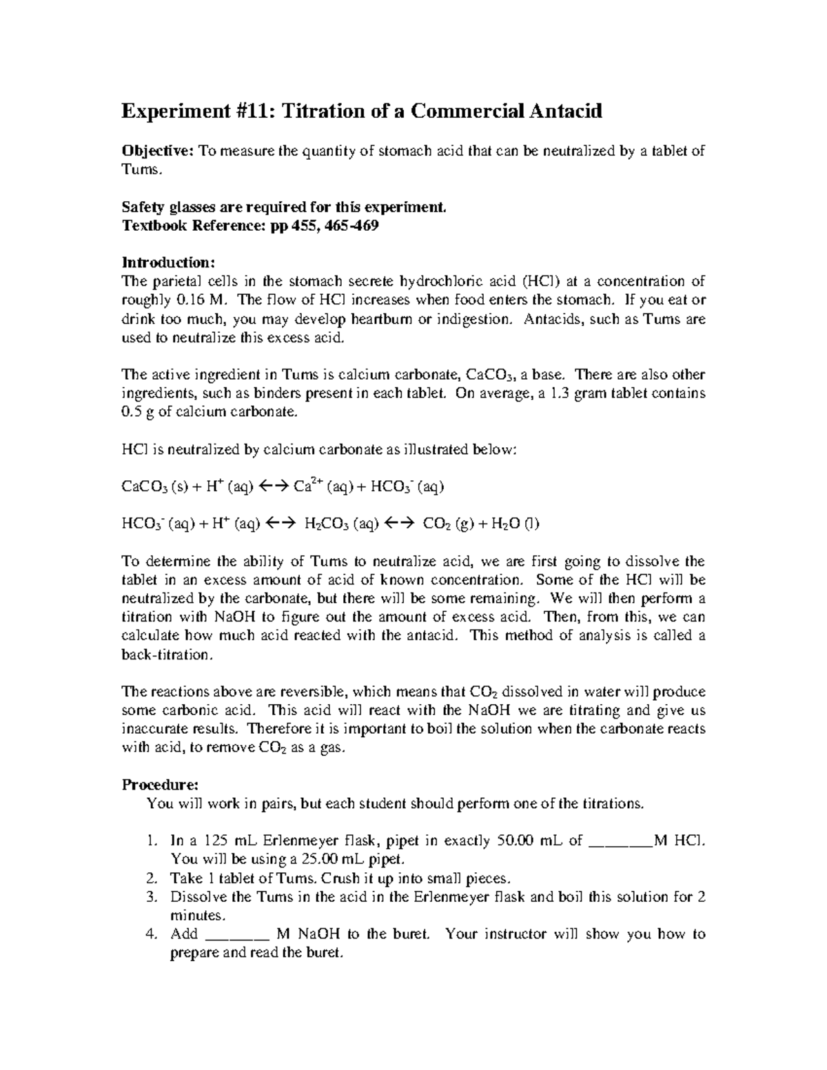 Experiment 11 Titration Commercial Antacid - Experiment #11: Titration ...