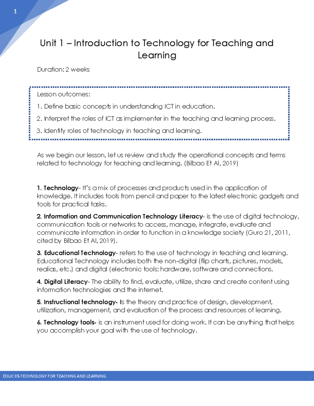 EDUC 85-UNIT 1-WEEK 1-2 - Unit 1 – Introduction to Technology for ...