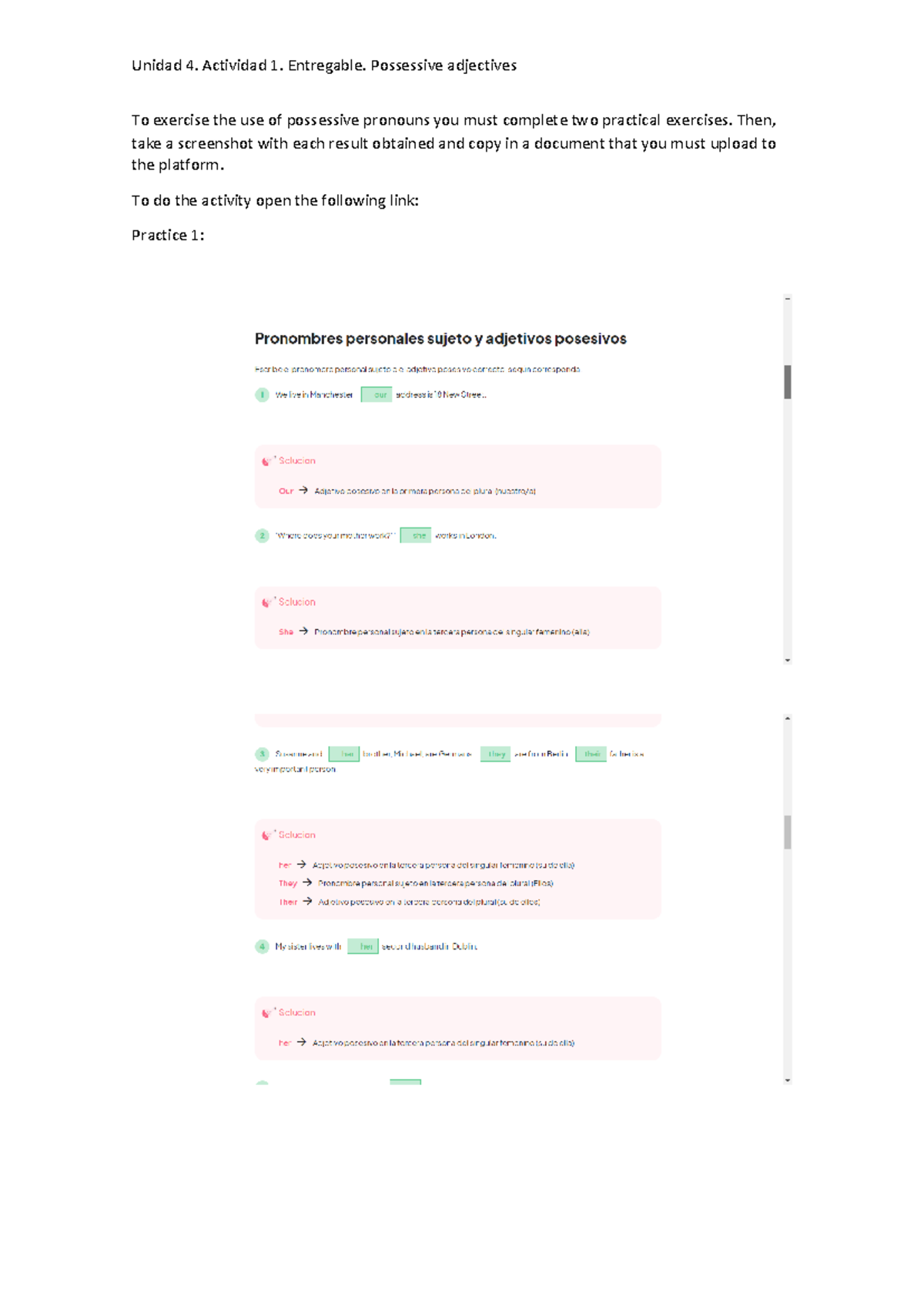 Unidad 4. Actividad 1. Entregable. Possessive adjectives '311 - Ingles - To exercise the use of ...