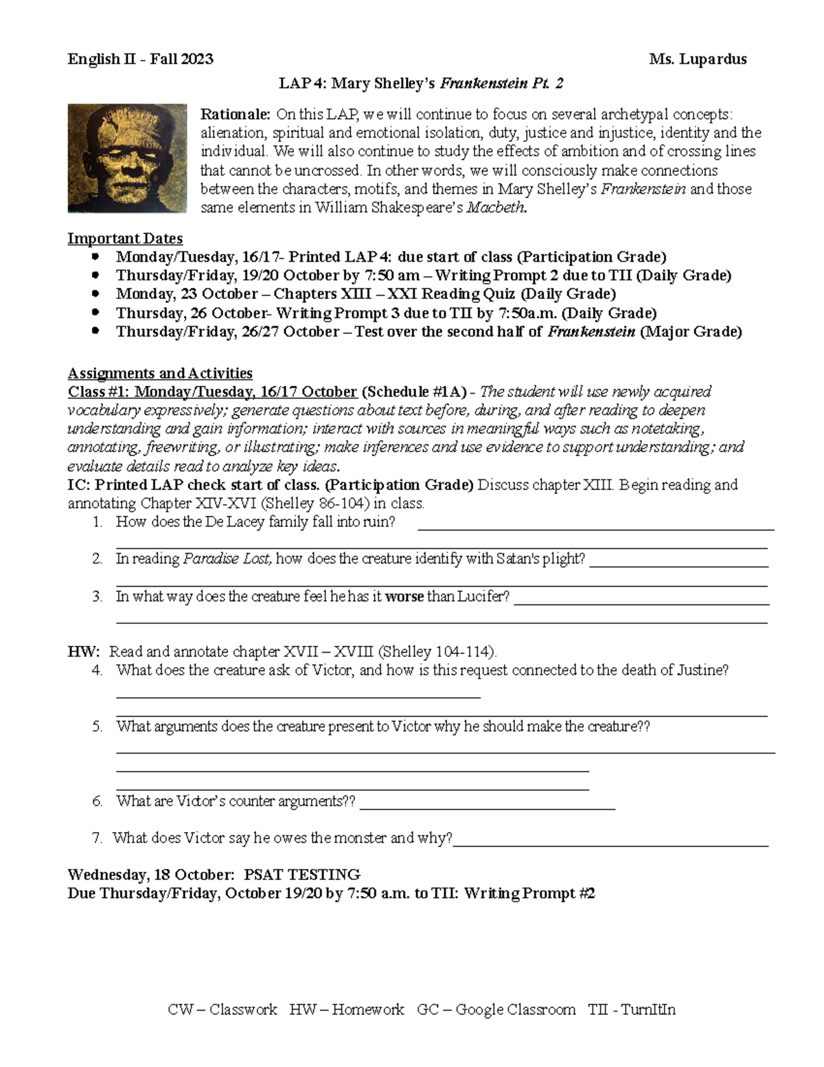 2023 English II LAP 4 - Frankenstein Chapter 13 through end of novel ...