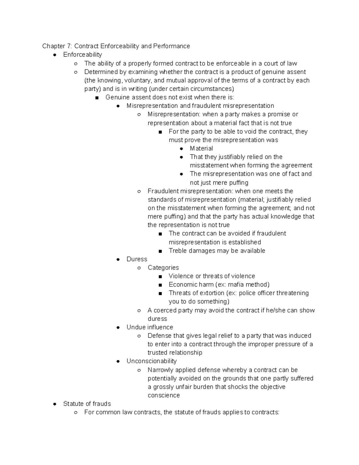 Chapter 7 - Class Notes - Chapter 7: Contract Enforceability and ...