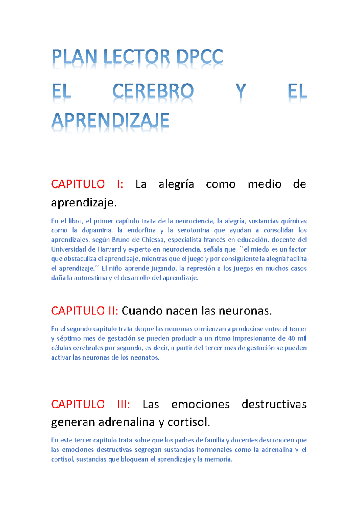 PLAN Lector DPCC - tareaaaaaaaaaaaaaaaa - CAPITULO I: La alegría como medio de aprendizaje. En ...