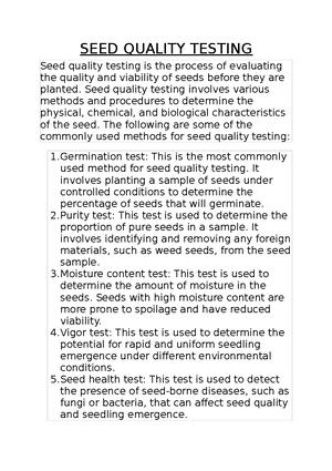 SEED Quality Testing - or fungal growth, and determining the level of ...