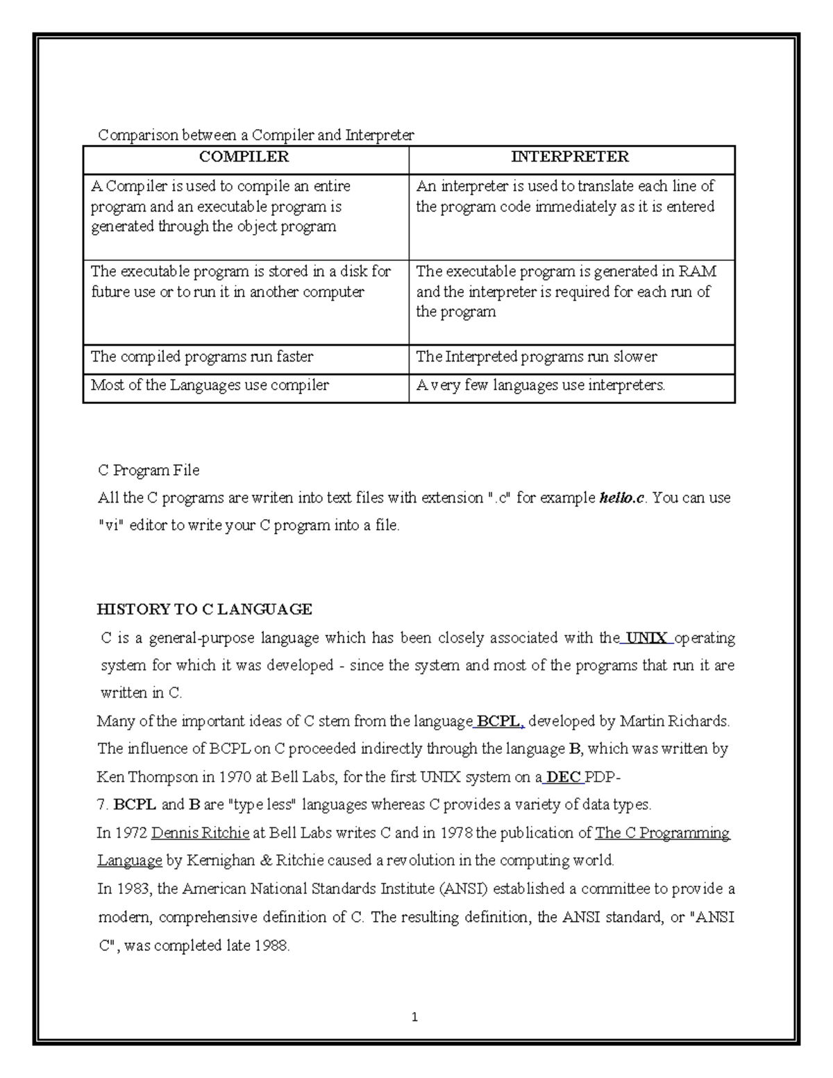 History TO C Language - Comparison between a Compiler and Interpreter COMPILER INTERPRETER A ...
