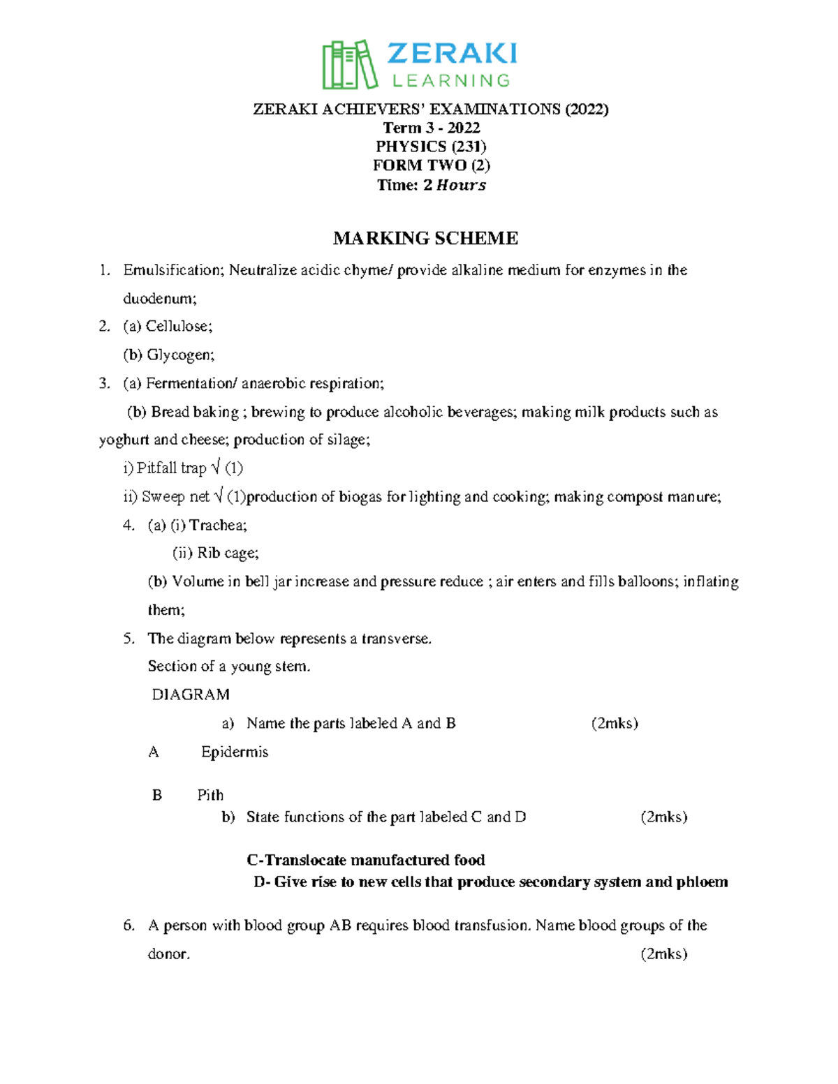 Biology Biology FORM 2 Marking Scheme ZERAKI ACHIEVERS