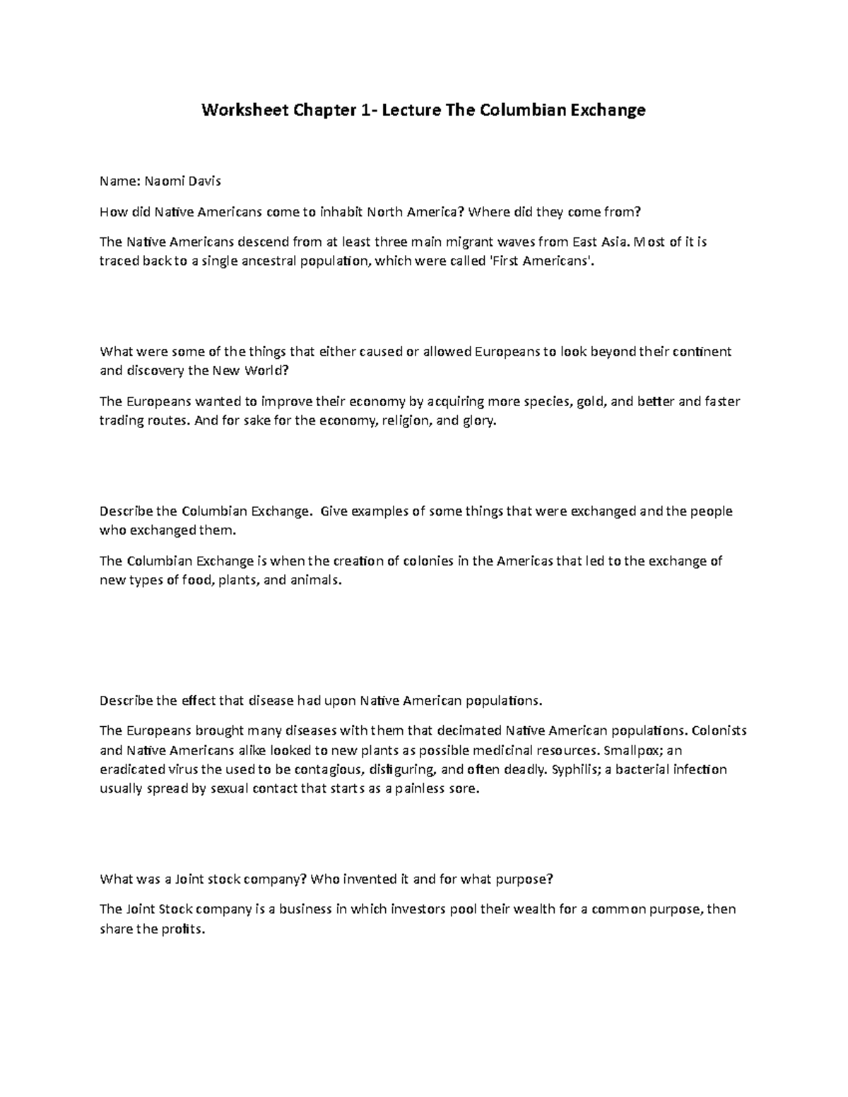 Worksheet Chapter 1 - Lecture The Columbian Exchange - Most of it is ...